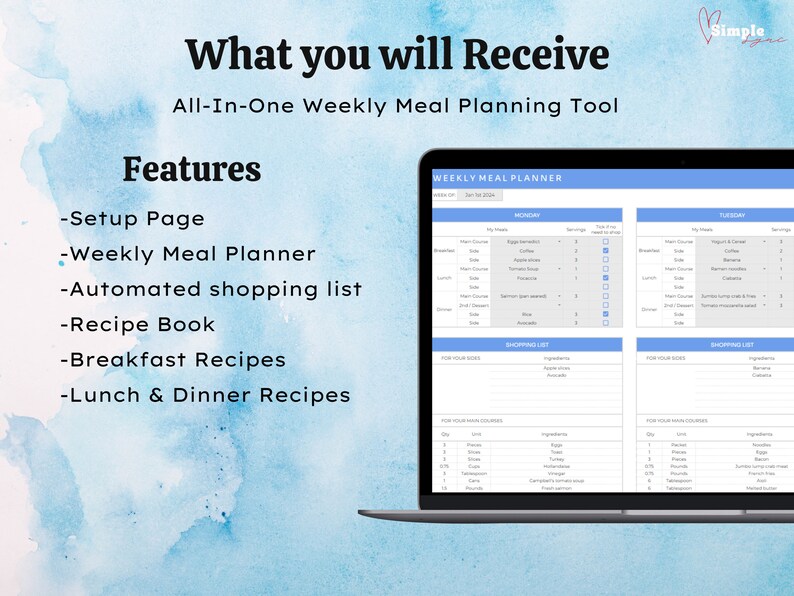 Simple Weekly Meal Planner and Grocery List Google Sheets Template ...
