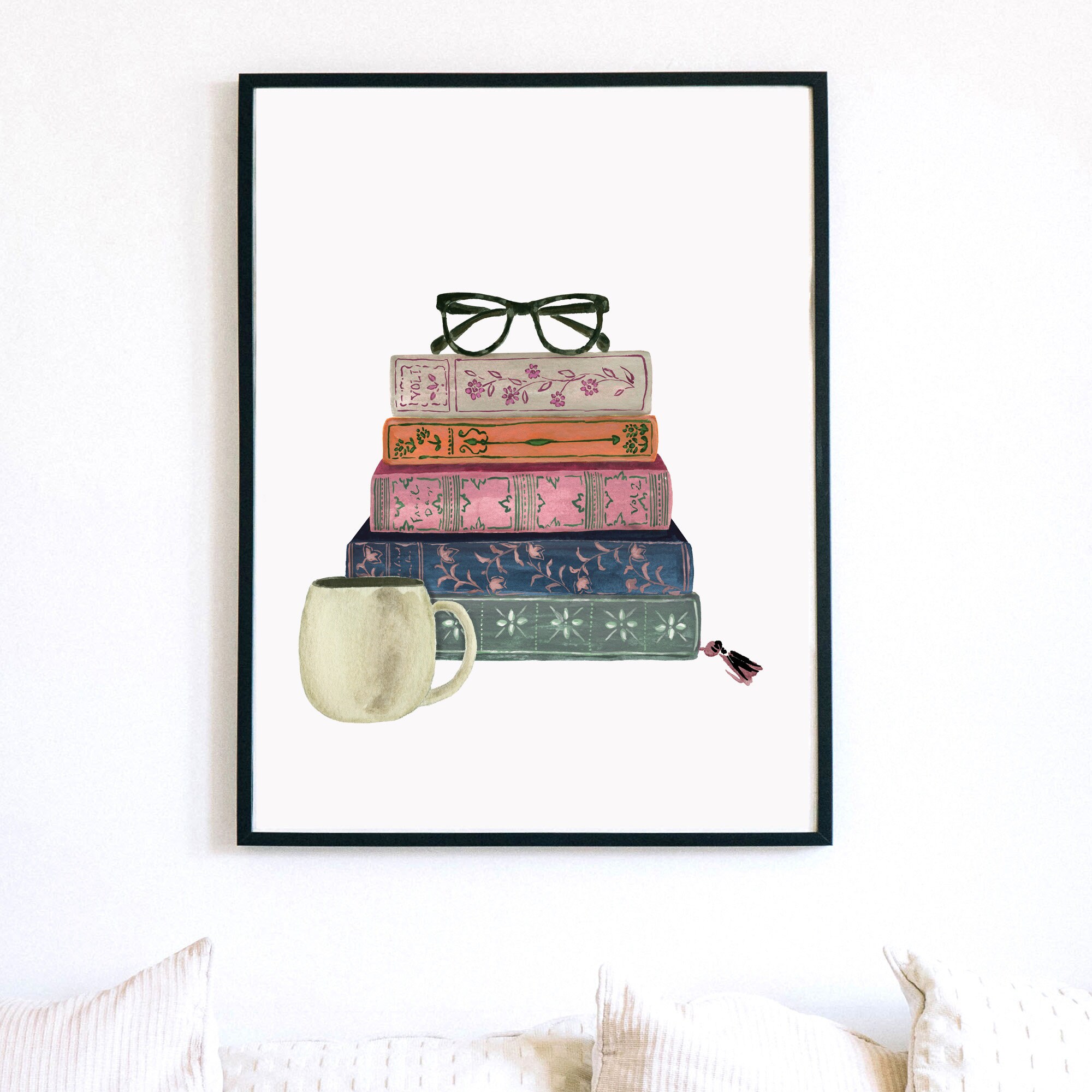 Stack of Books Decor Book Wall Art Print Watercolor Bookshelf | Etsy