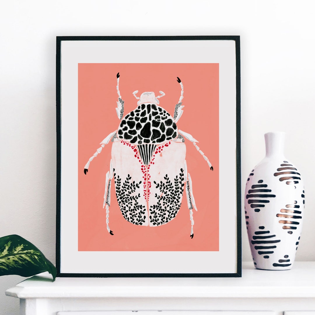 Beetle Patterned Art Print Insect Bug Floral Painting Wall Decor Garden ...