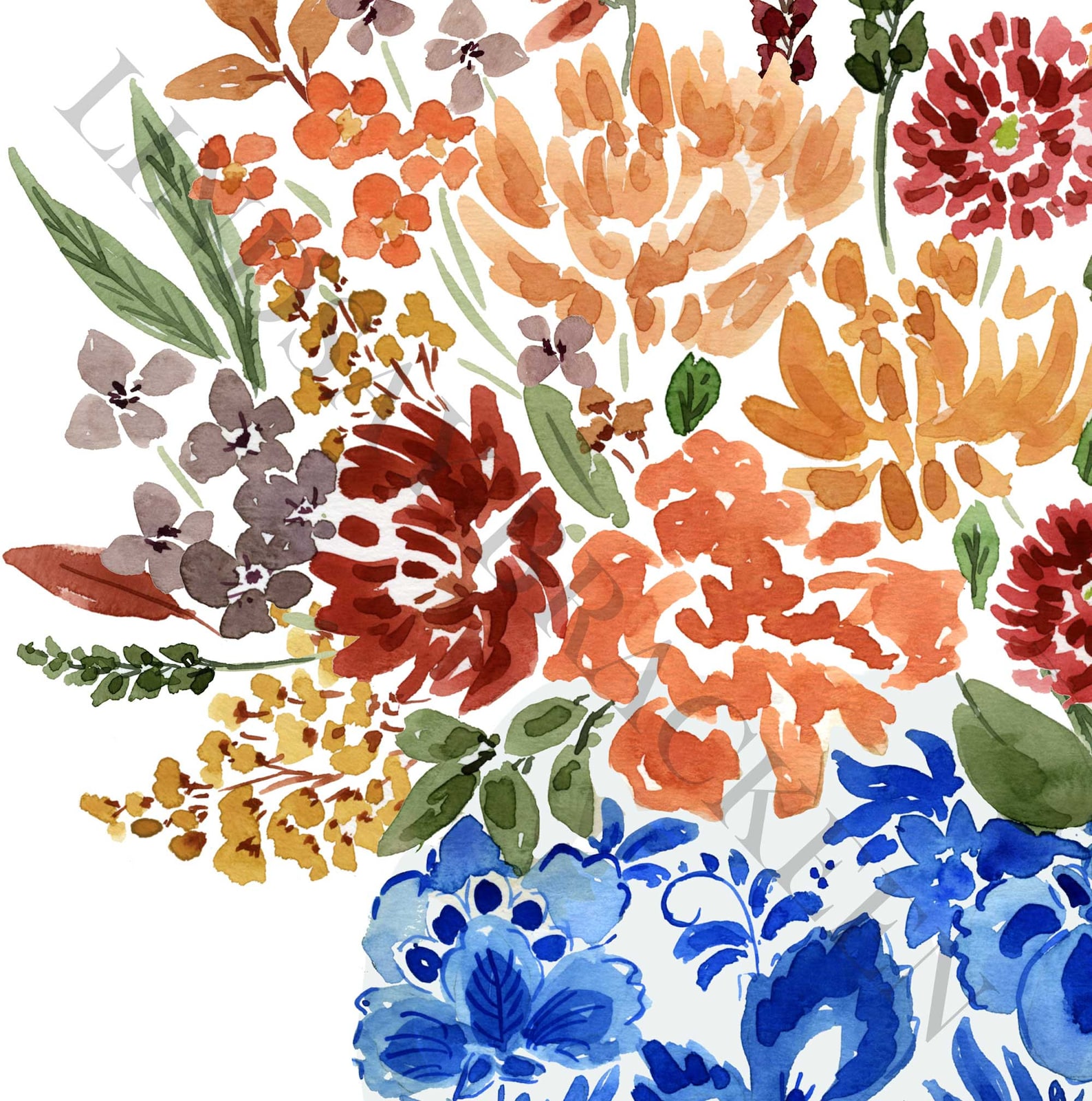Fall Flowers Art Print Bouquet Floral Watercolor Autumn Colors Blue ...