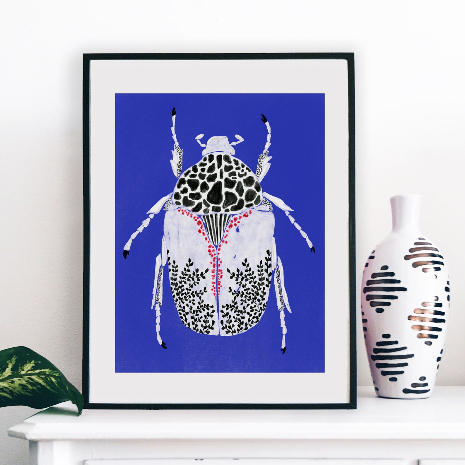 Beetle Patterned Art Print Insect Bug Floral Painting Wall Decor Garden ...