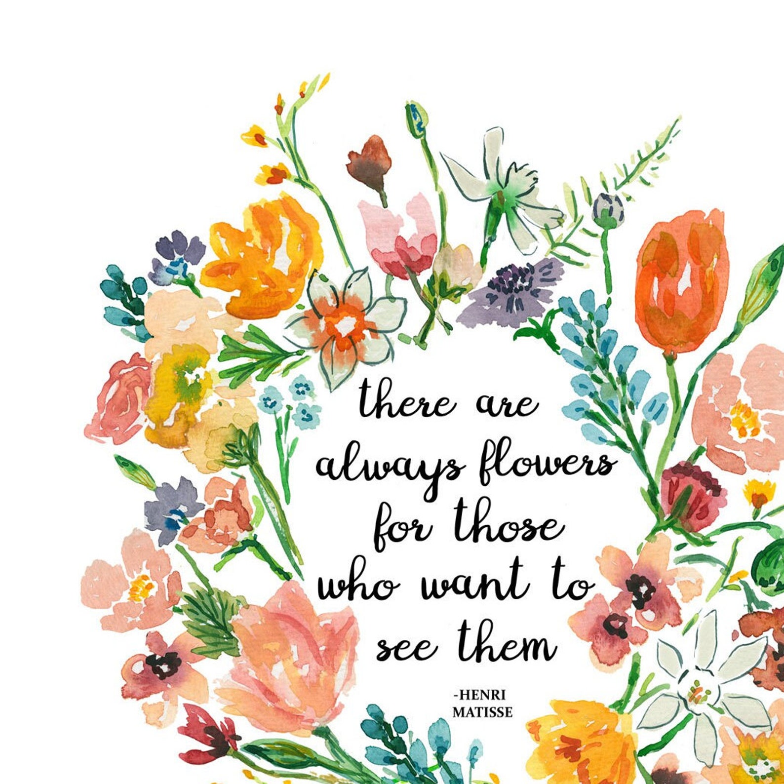 Floral Flowers Quote Art Print Watercolor Wreath Illustration | Etsy