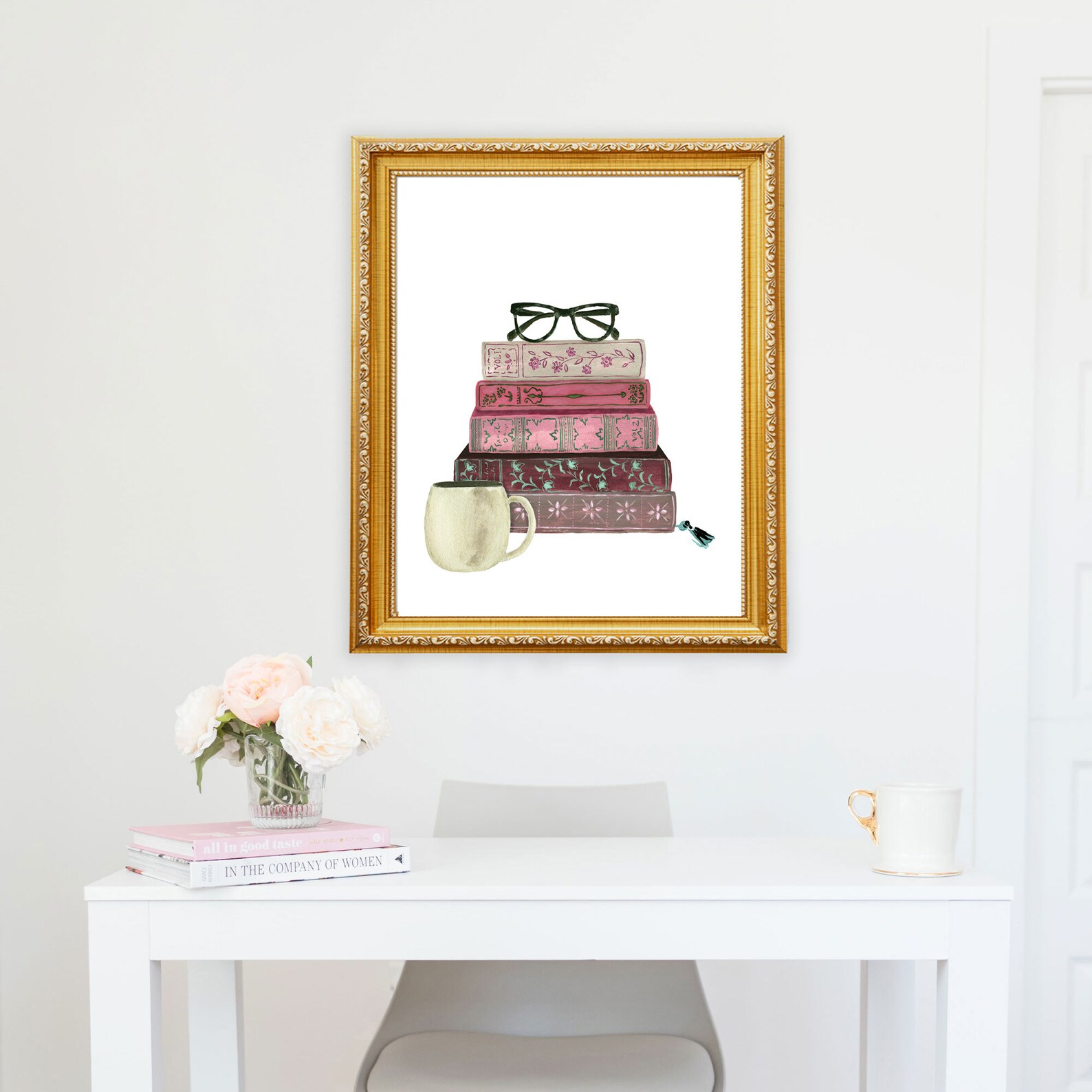 Stack of Books Decor Book Wall Art Print Watercolor Bookshelf | Etsy