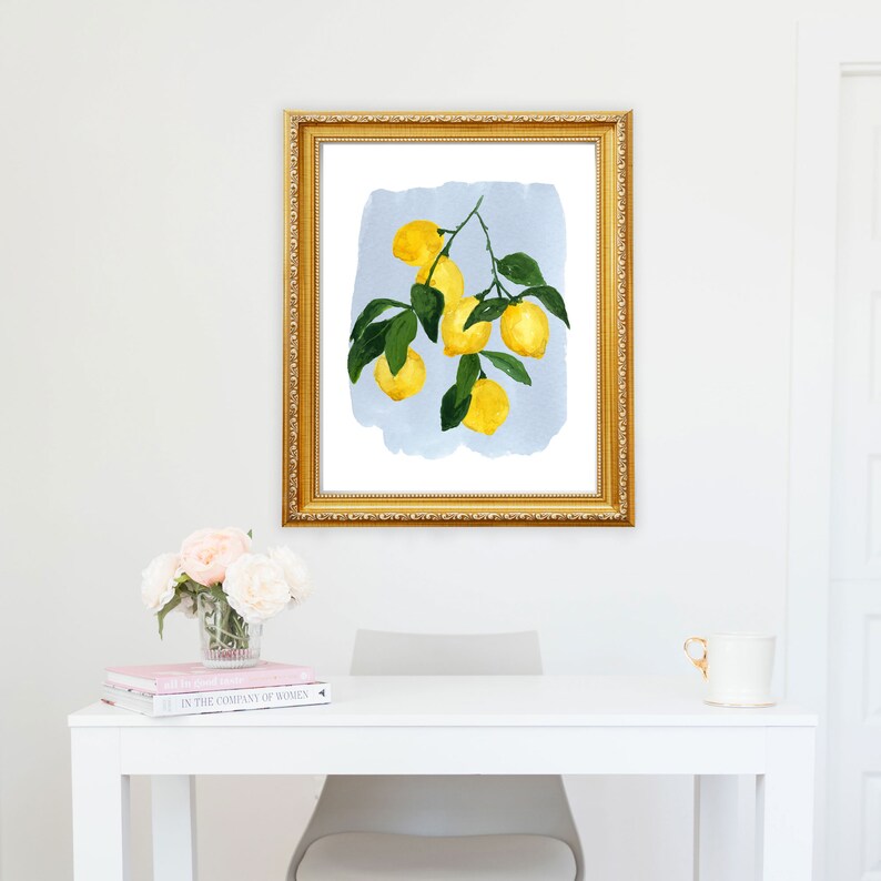 Lemon Lemons Art Citrus Fruit Kitchen Watercolor Blue Painting | Etsy