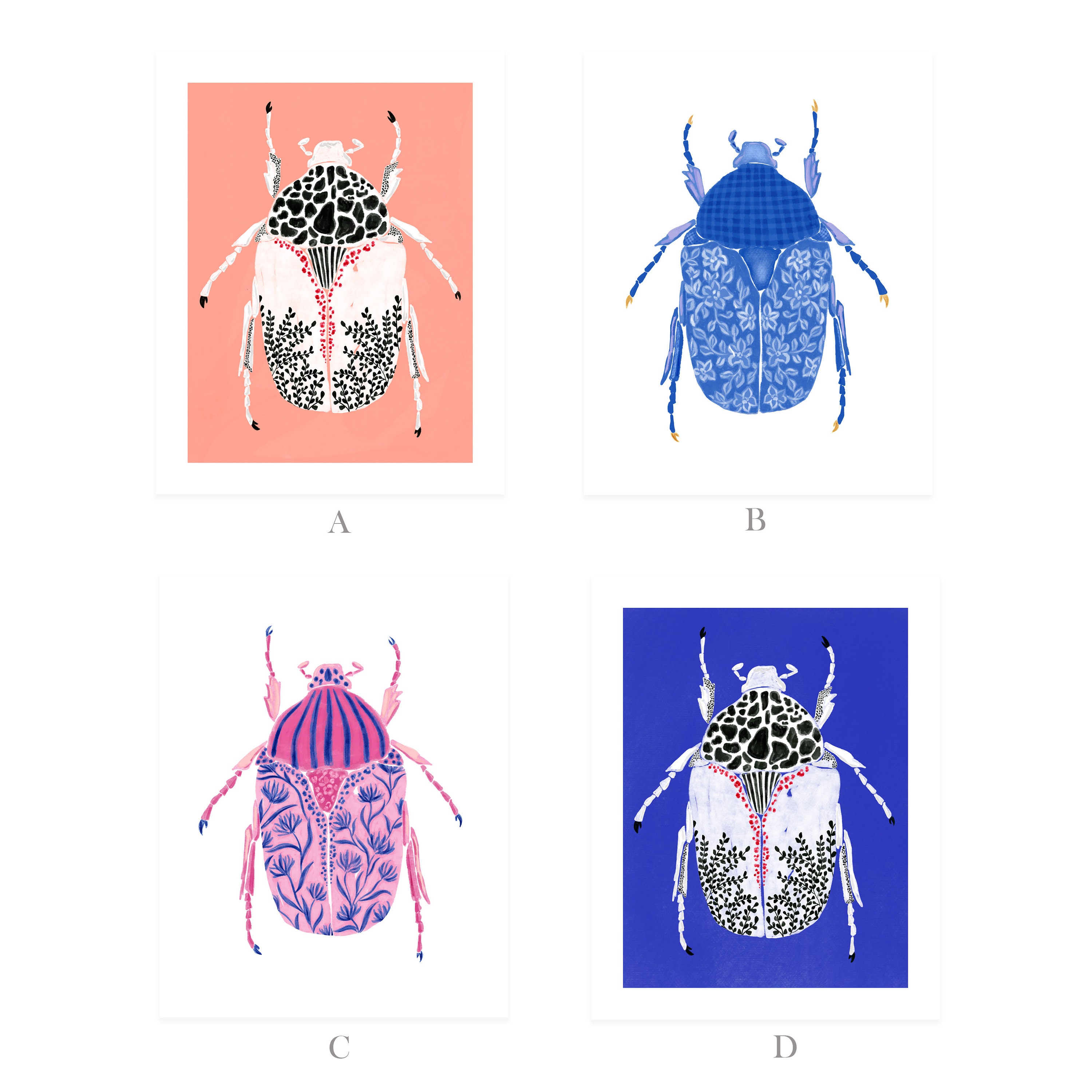 Beetle Patterned Art Print Insect Bug Floral Painting Wall Decor Garden ...