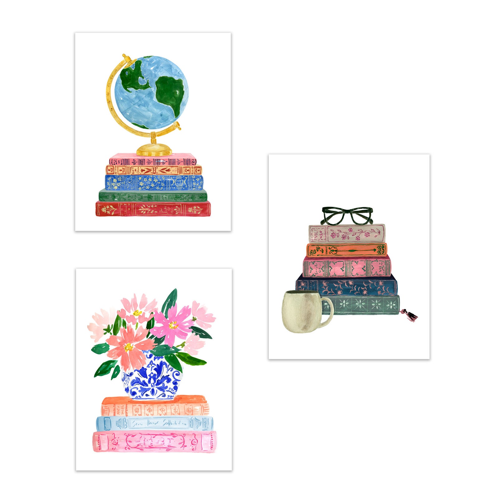 Stack of Books Decor Book Wall Art Print Watercolor Bookshelf | Etsy