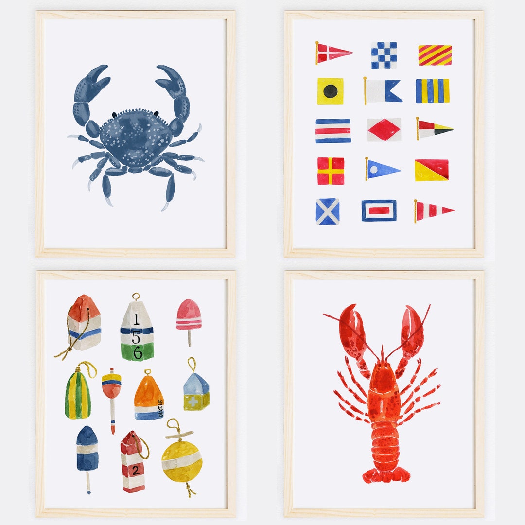 Lobster Buoys Crab Print Set Nautical Flags Beachy Sea Side Coastal ...