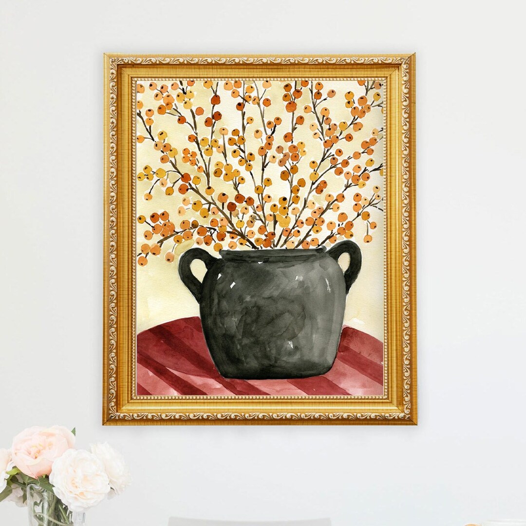 Fall Flowers Art Print Bouquet Floral Watercolor Autumn Colors Blue ...
