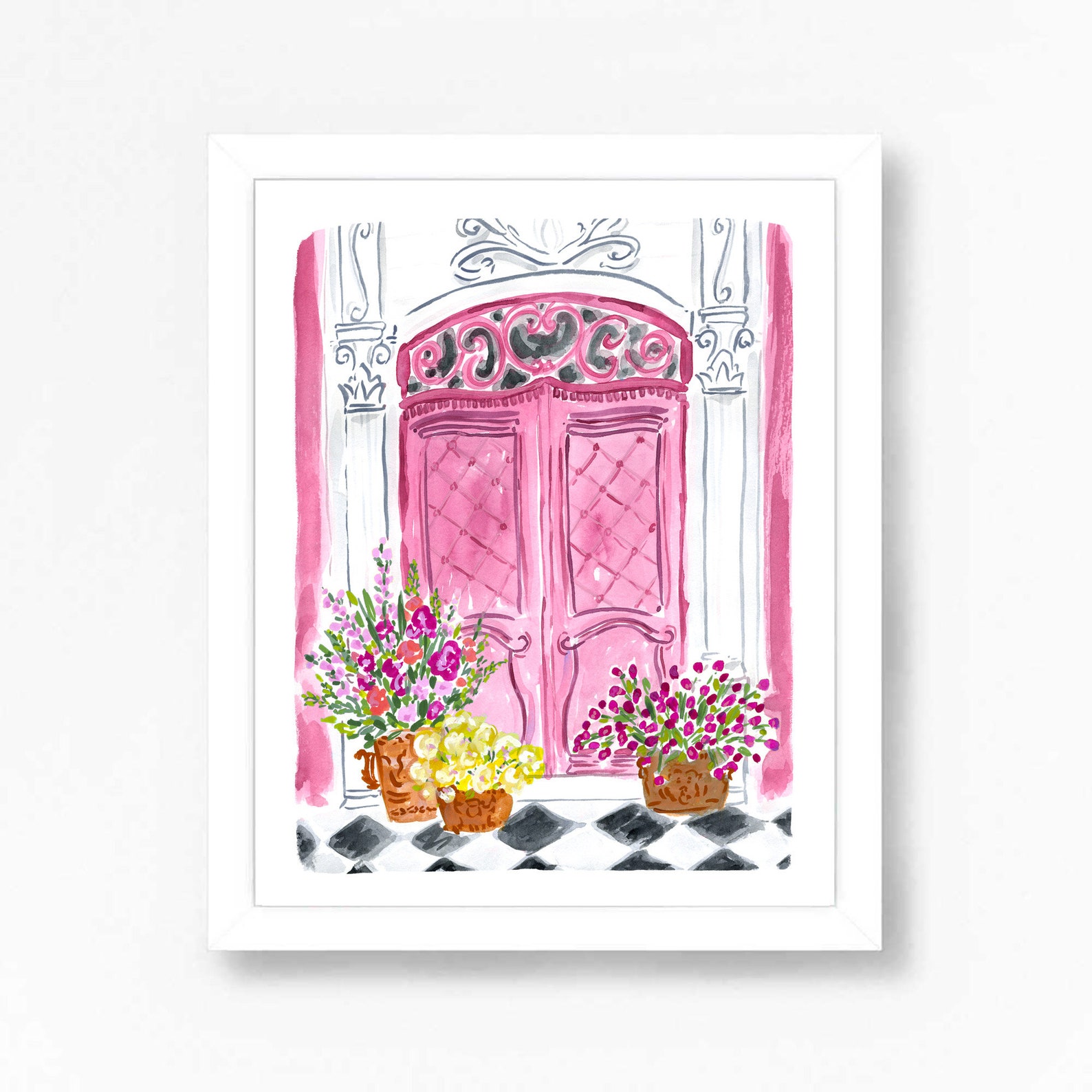 Pink Door Art Print Doors Painting Wall Decor Flowers Travel ...