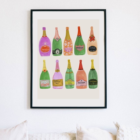 Champagne Bottle Painting Champagne Art Print Decor Cocktail | Etsy
