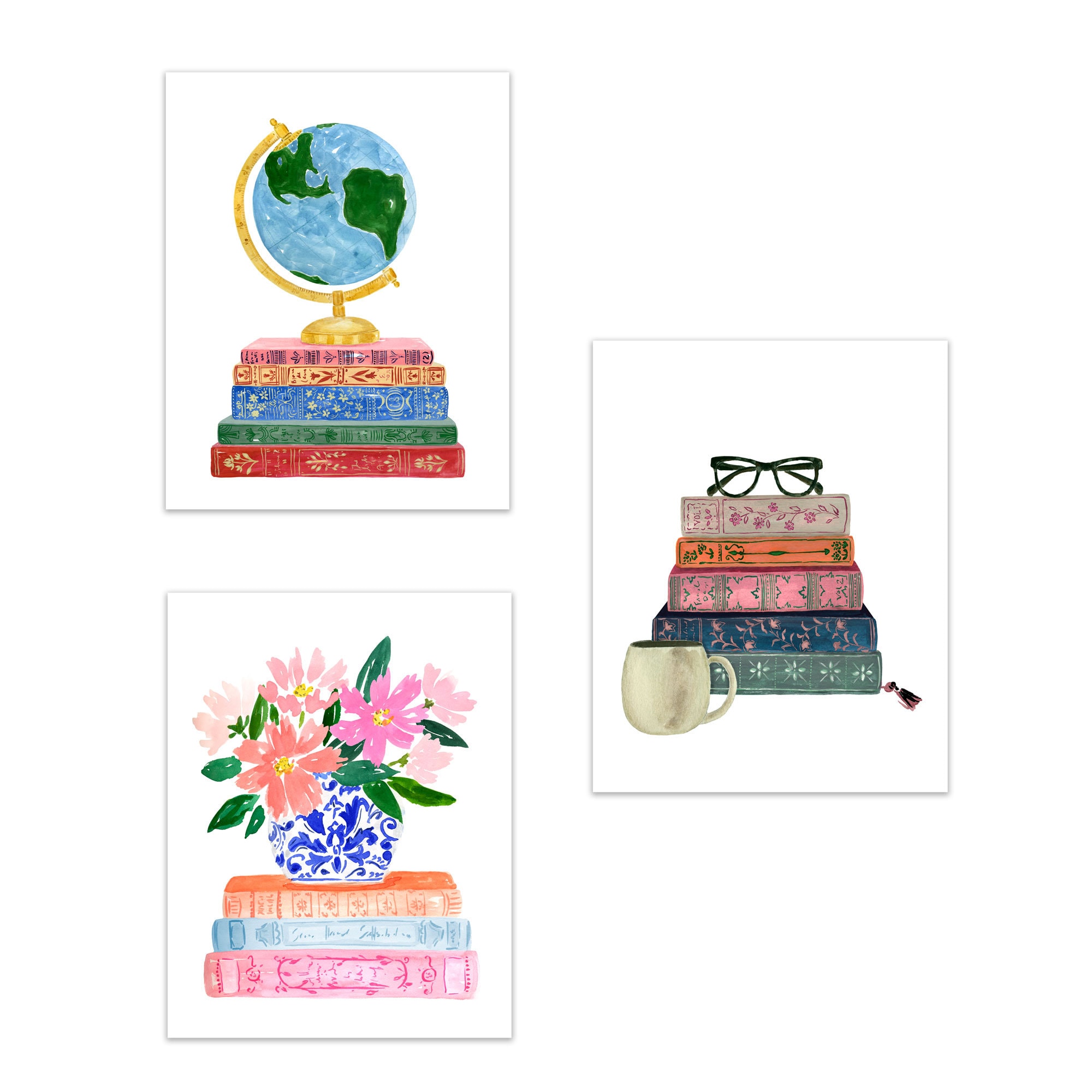 Stack of Books Vintage Book Wall Art Print Watercolor | Etsy