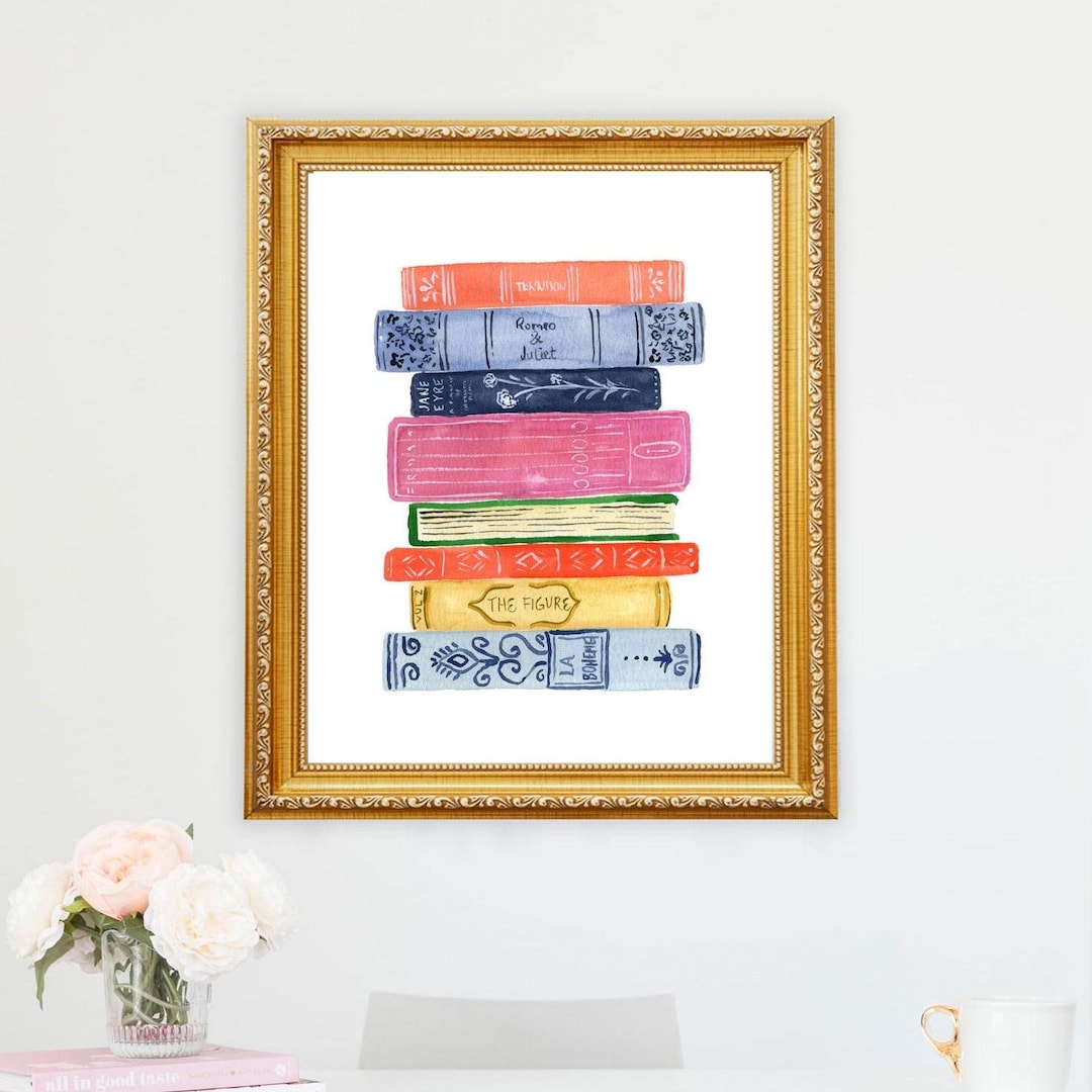 Stack of Books Art Print, Library Art Print, Book Lover Gift, Book Art ...