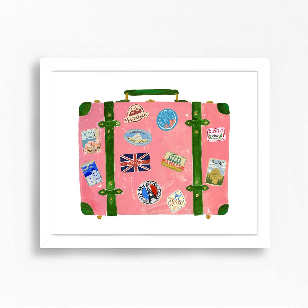 Travel Art Print Vintage Suitcase With Travel Stickers Positano Rome ...