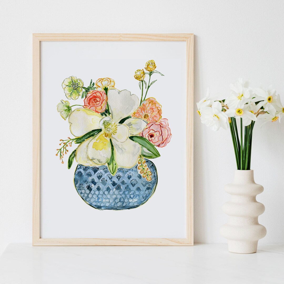 Flower Bouquet in Blue White Vase, Farmhouse Art, Farmhouse Print ...