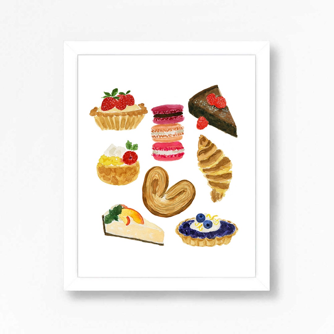 Pastry Pastries French Watercolor Art Colorful Print Dessert Bakery Pie ...