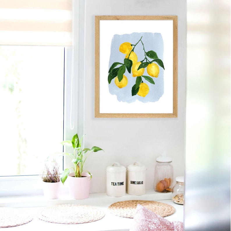 Lemon Lemons Art Citrus Fruit Kitchen Watercolor Blue Painting Print ...