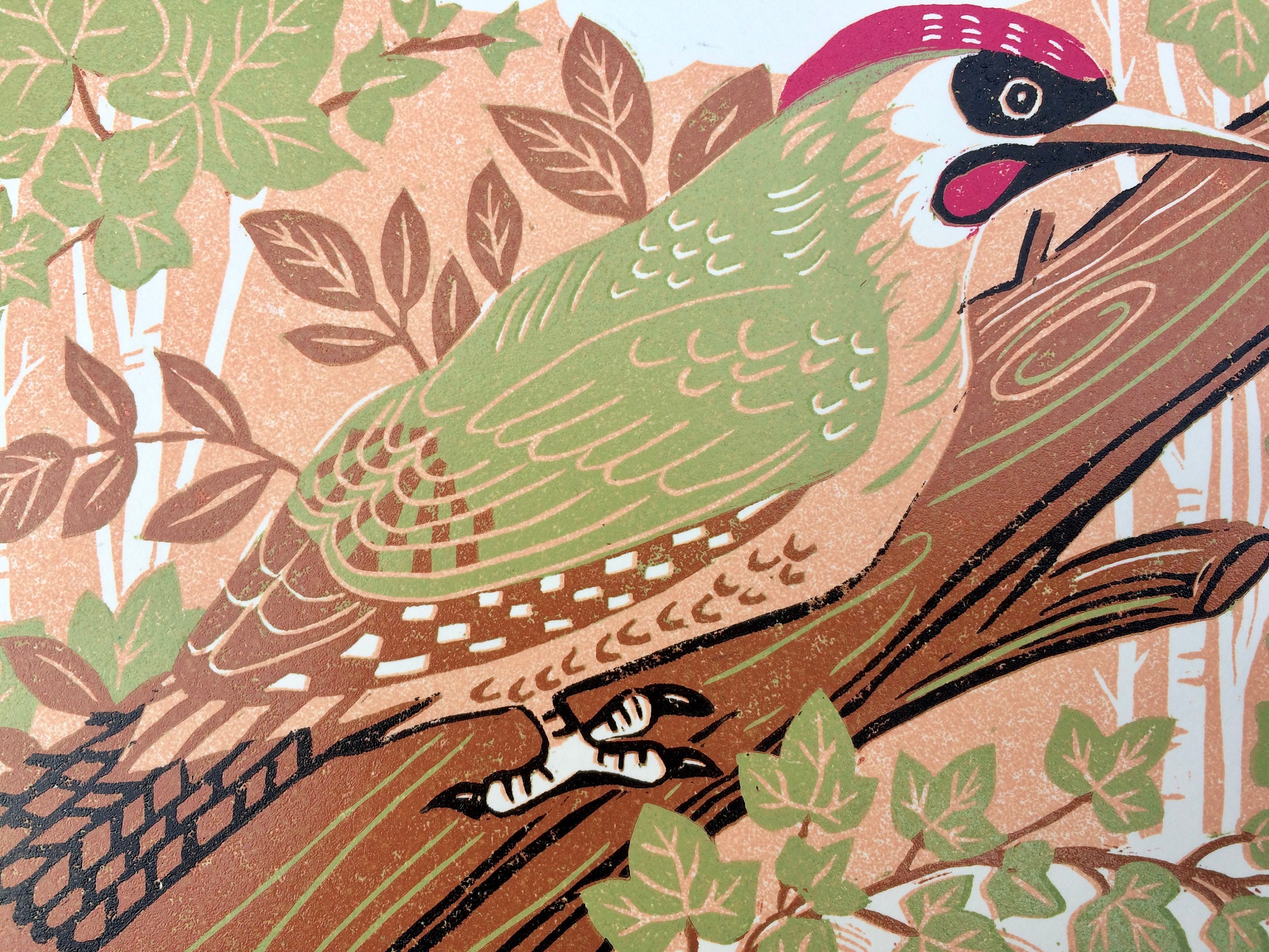 Yaffle Bird Green Woodpecker Linocut Reduction Art Print Handmade Folk ...