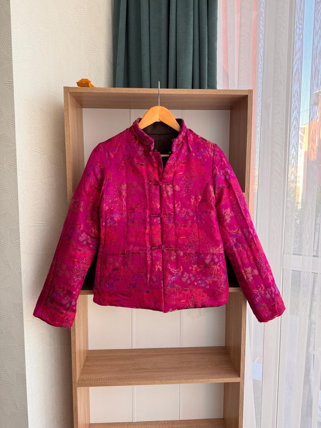 Vintage 90's Hot Pink Japanese Jacket, Golden Designs, Frogs, Mandarin ...