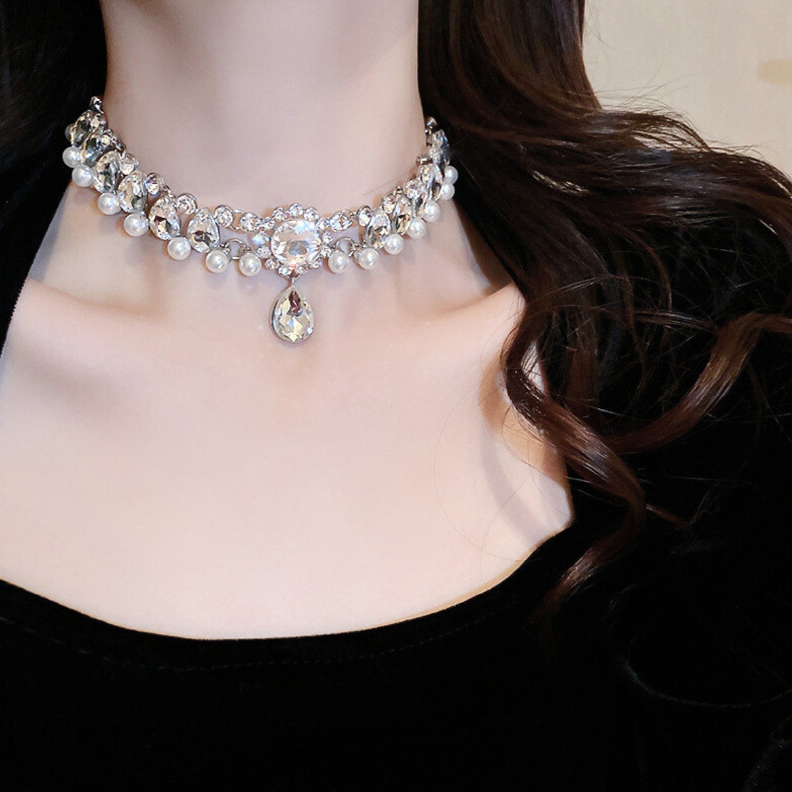 Luxury Rhinestone Choker Necklace Thin Diamond Gift Party Wedding ...