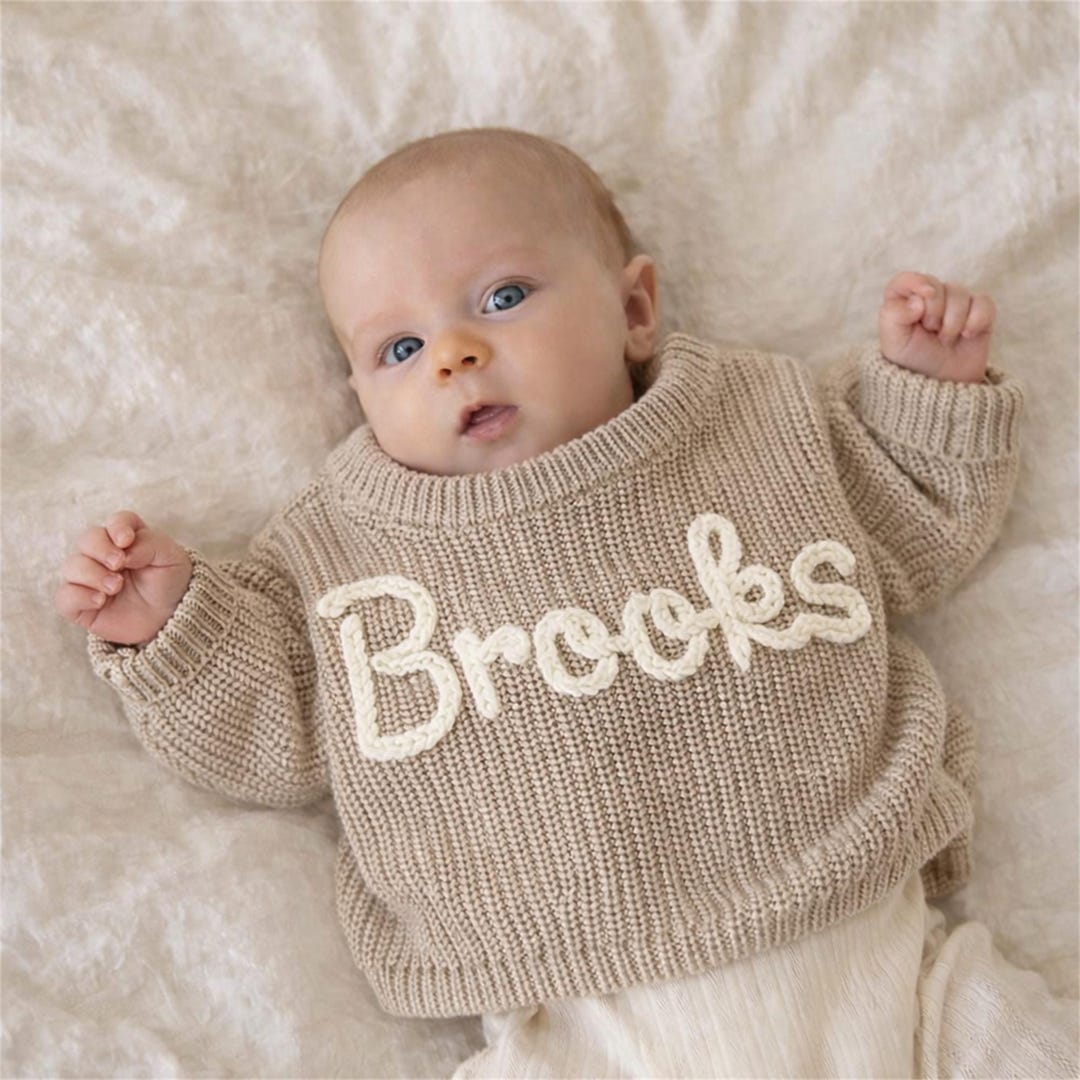 Monogrammed Baby Sweater, Hand Embroidered Name Jumper, Custom Toddler ...