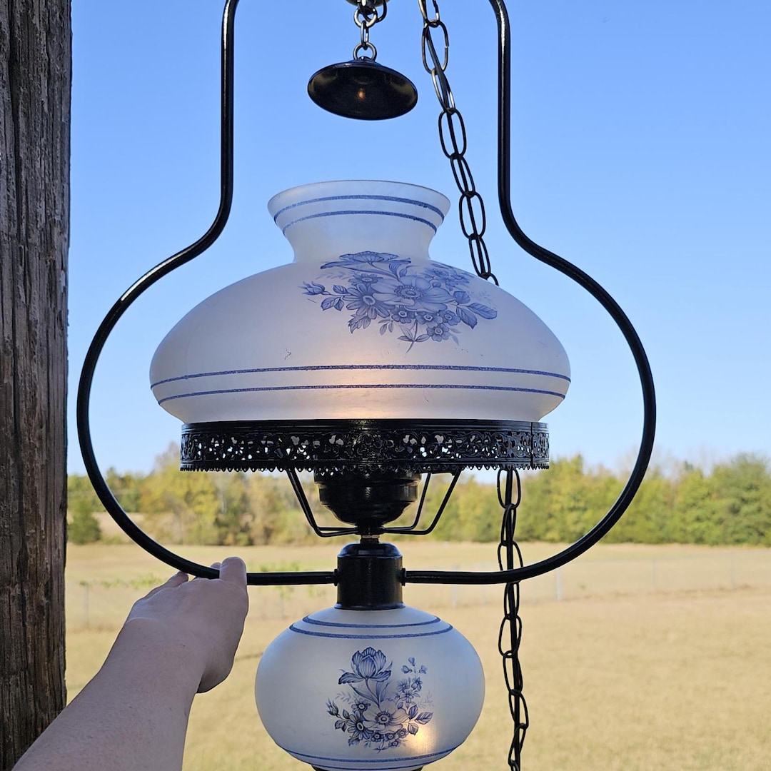 Vintage Hanging Hurricane Lamp With Nightlight /frosted Glass With Blue ...