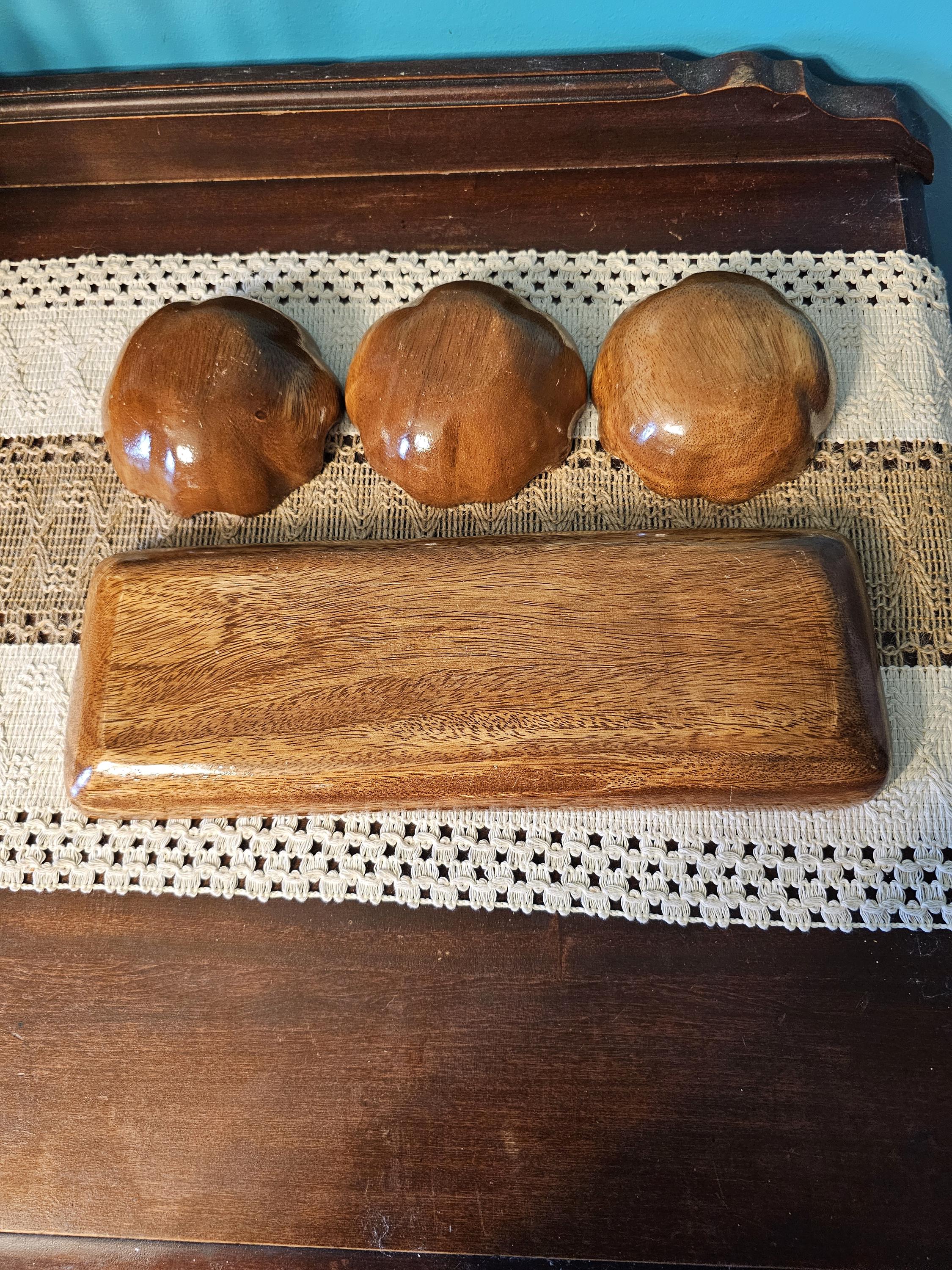 Vintage Teak Wood Tray With 3 Clam Shell Teak Bowls/ Vintage Wooden ...