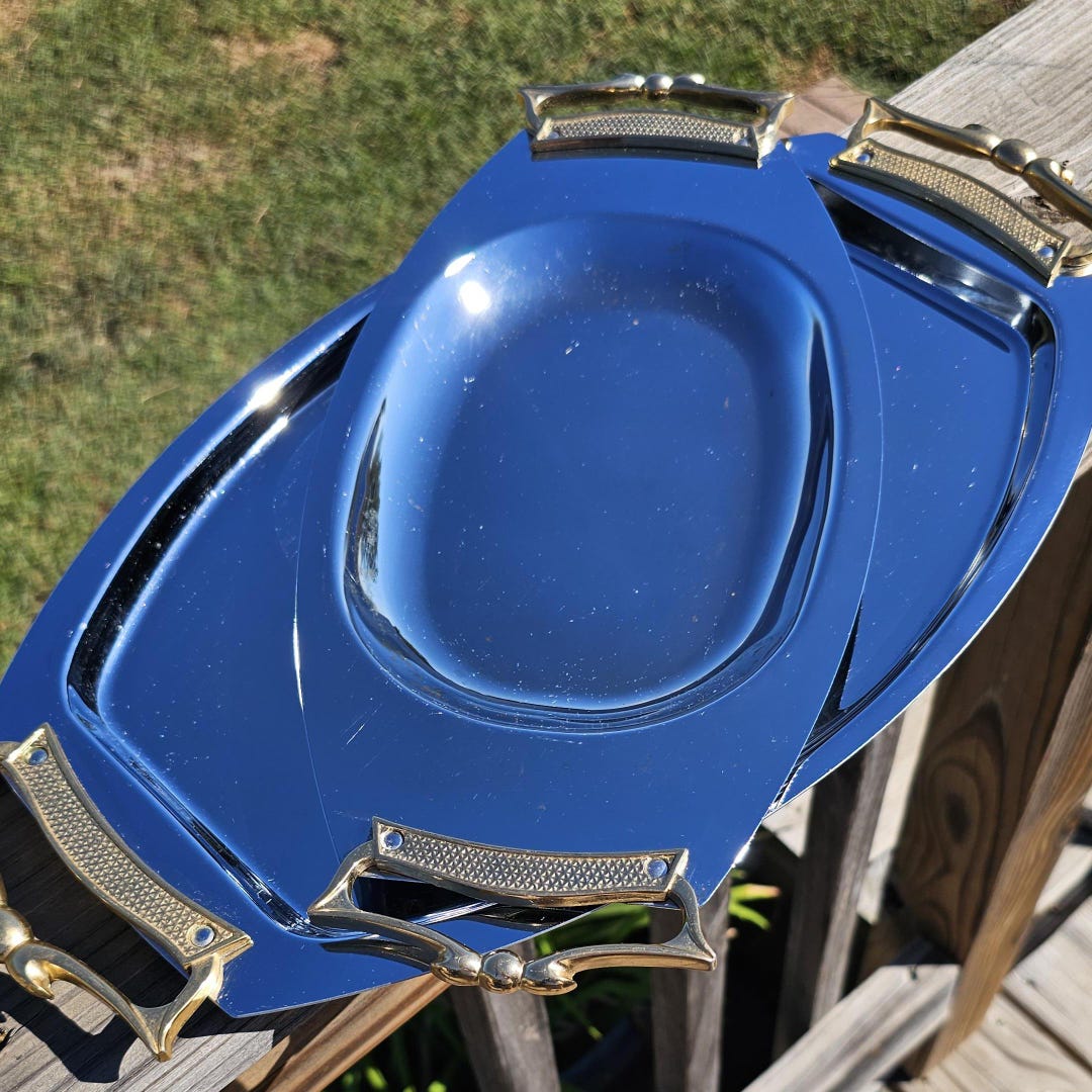 Vintage Kromex Silver Serving Trays With Gold Handles: Mid Century ...