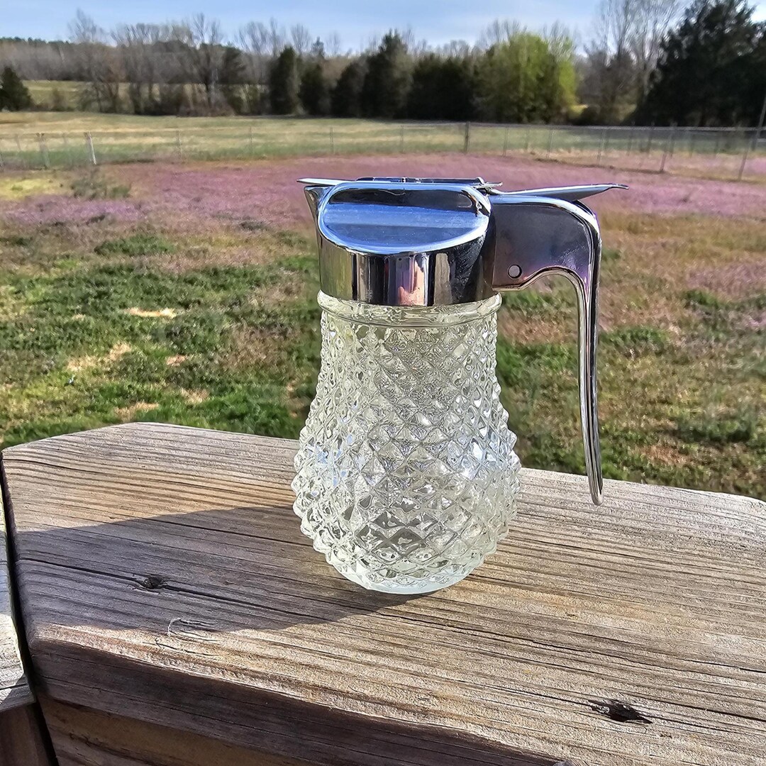 Vintage Clear Diamond Point Glass Syrup Dispenser With Plastic and ...