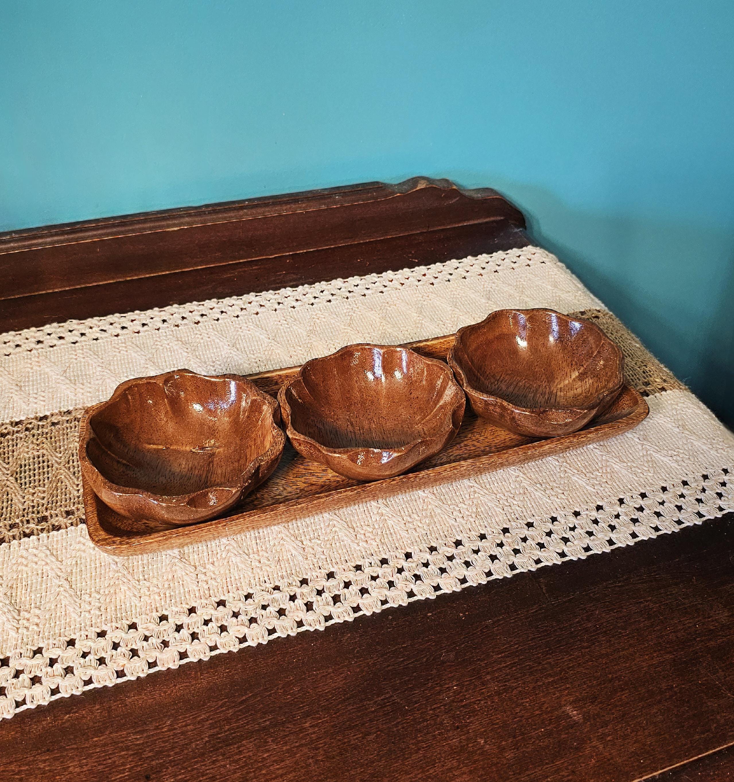 Vintage Teak Wood Tray With 3 Clam Shell Teak Bowls/ Vintage Wooden ...