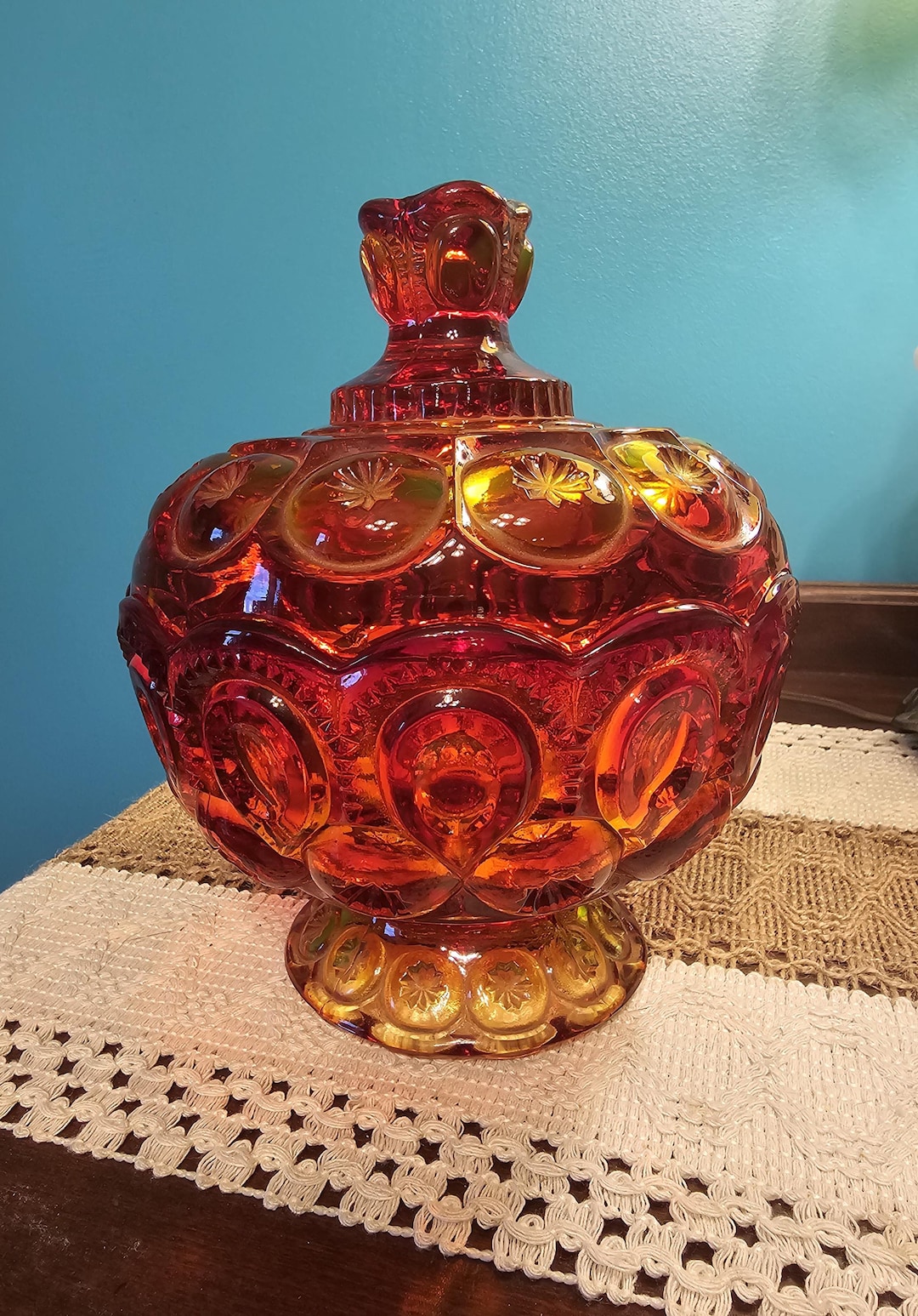 Vintage Amberina Moon and Stars Candy Dish With Lid Carnival Glass Red ...