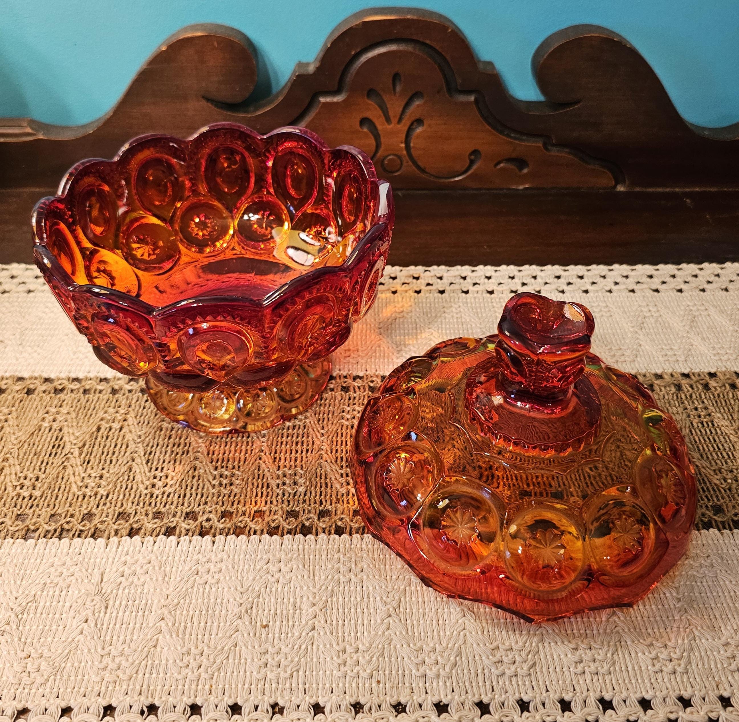Vintage Amberina Moon and Stars Candy Dish With Lid Carnival Glass Red ...