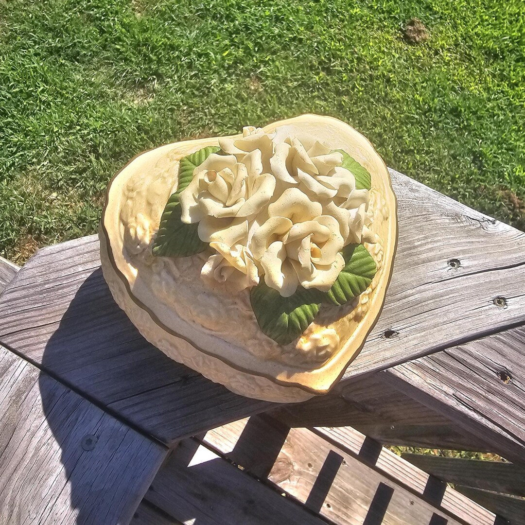 Vintage Capodimonte Inspired Yellow Cream Roses Embossed Heart Shaped ...