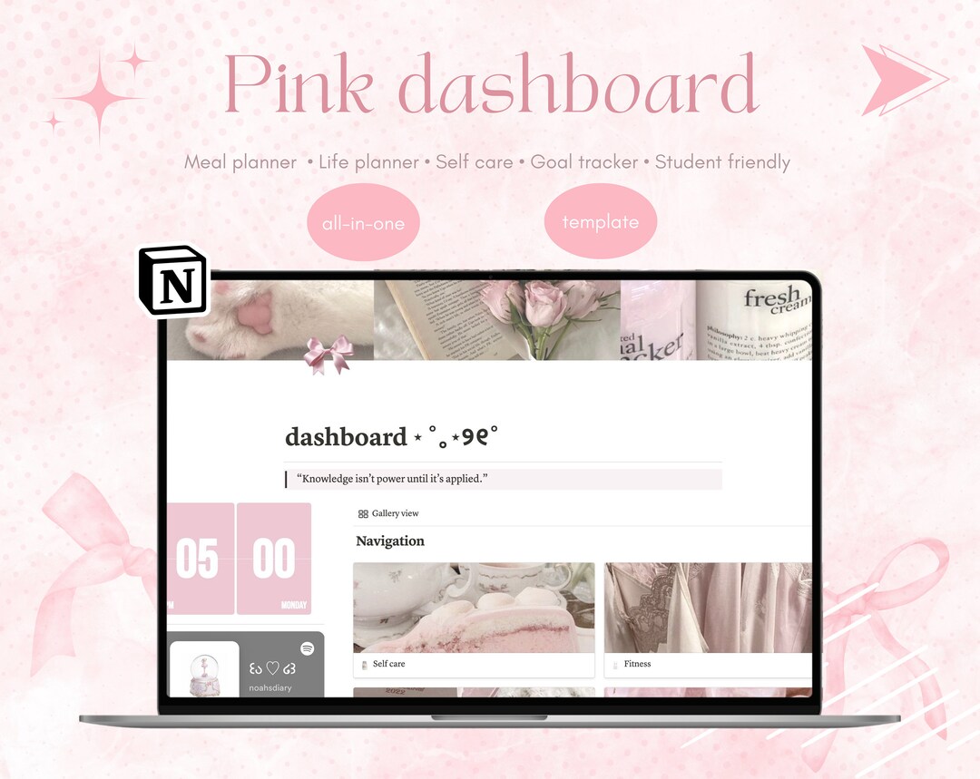 Pink Dashboard Template for Notion | All in One Life Planner, Student ...