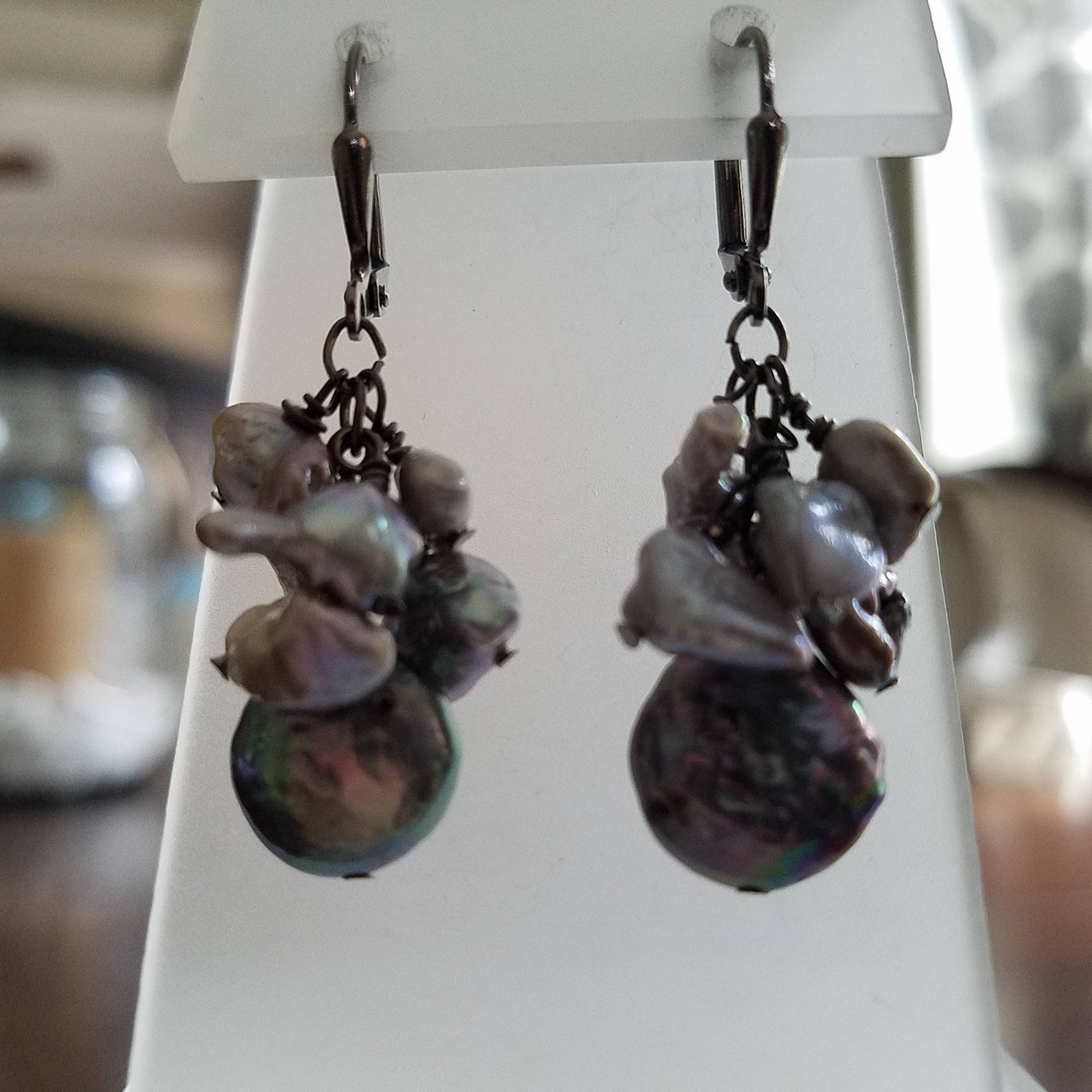 Peacock Freshwater Keishe Cluster With Coin Pearls on Gunmetal ...