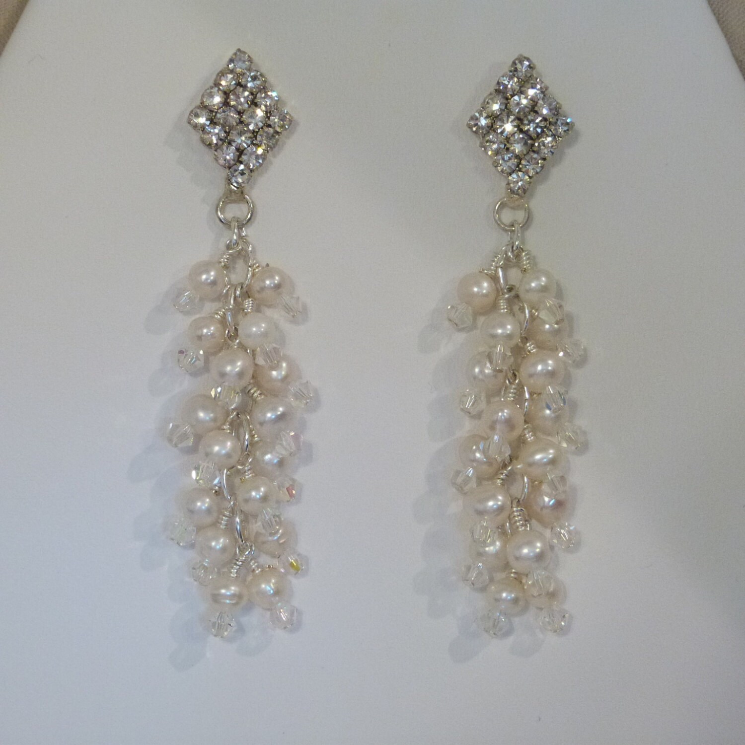 Diamond Shaped Rhinestone Post with Freshwater Pearl Cluster | Etsy