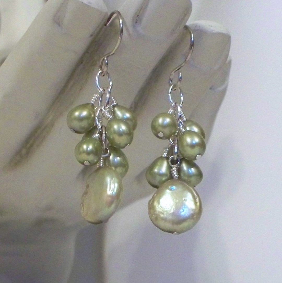 Avocado Coin Freshwater Pearl Cluster Earrings - Etsy