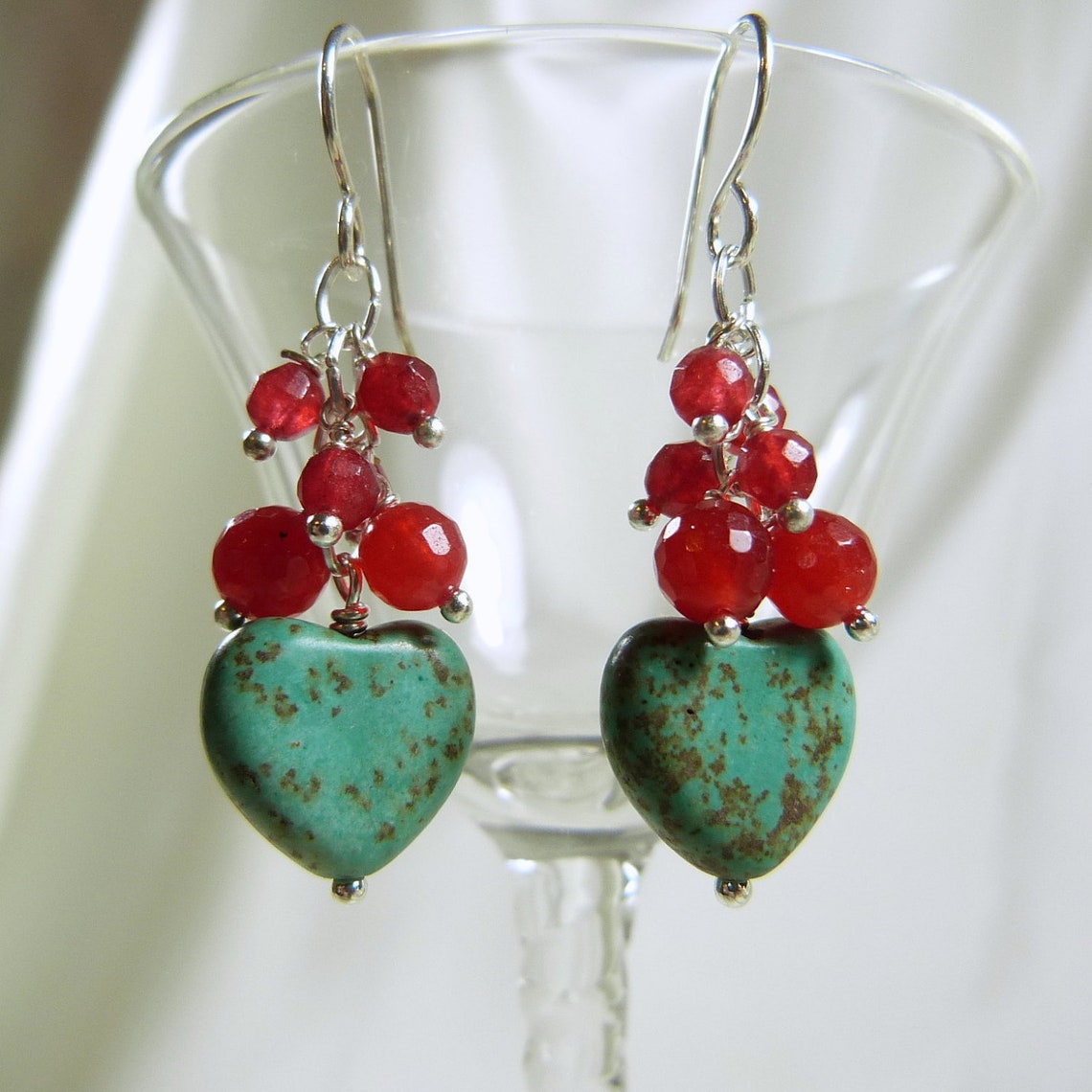 Turquoise Magnesite Heart and Ruby Quartz Cluster Earrings - Etsy