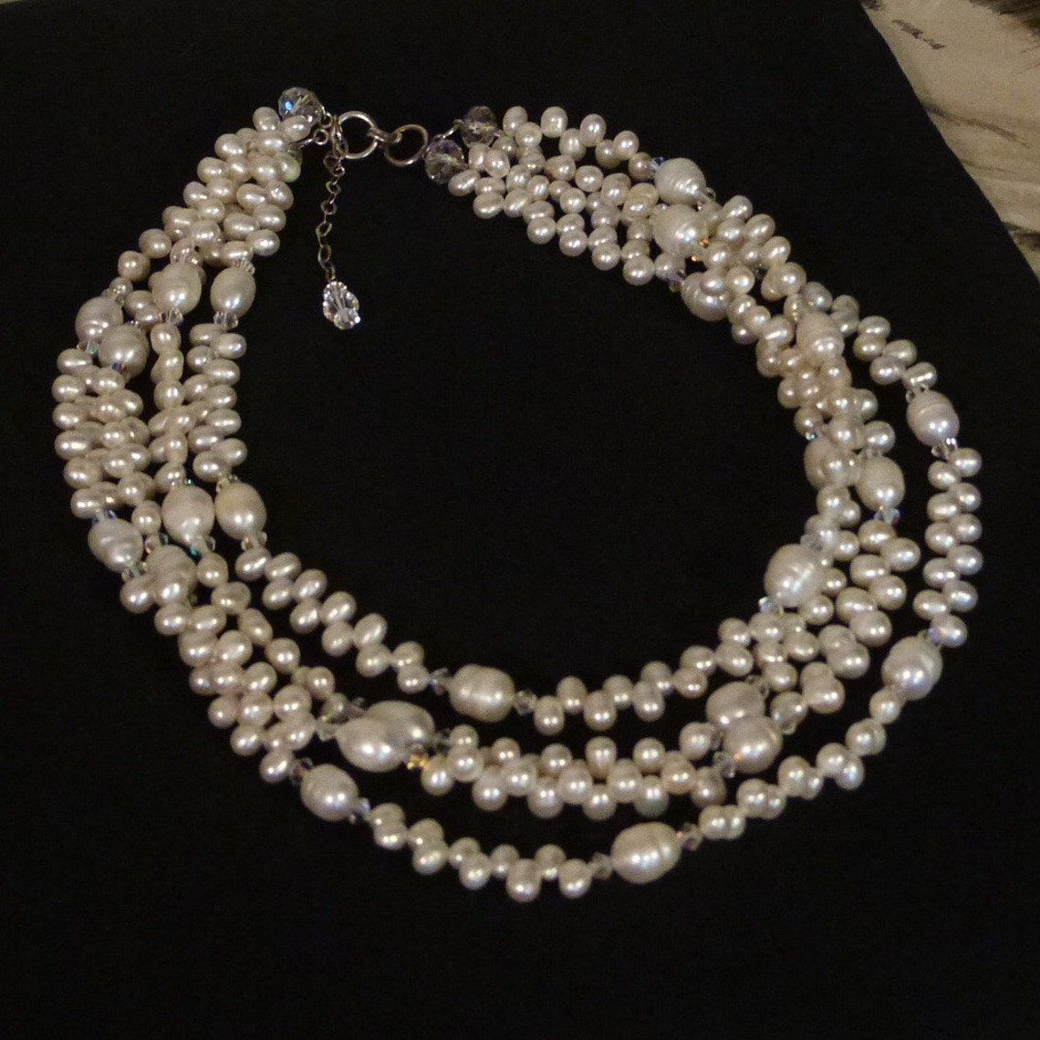 Freshwater Pearls And Swarovski Crystals Four Strand Necklace Etsy