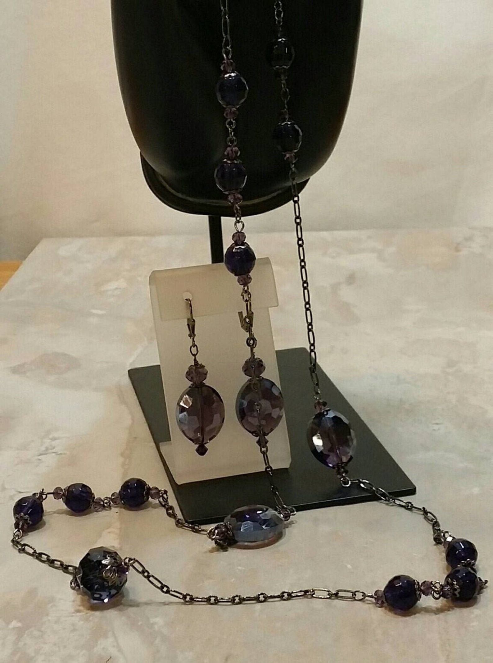 Purple Crystal Necklace and Earrings Gunmetal Chain Set - Etsy