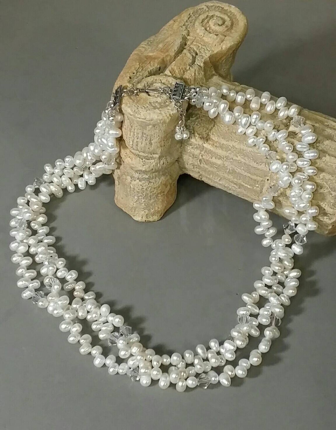 Triple Strand Freshwater Pearls and Swarovski Crystals Necklace With ...