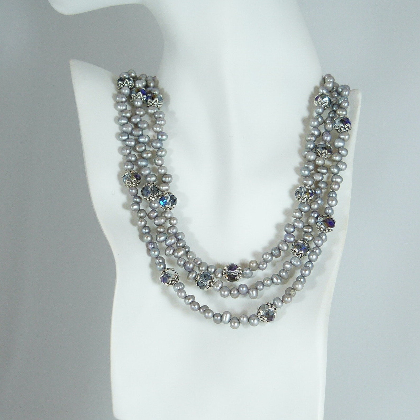 Silver Freshwater and Crystal Triple Necklace - Etsy
