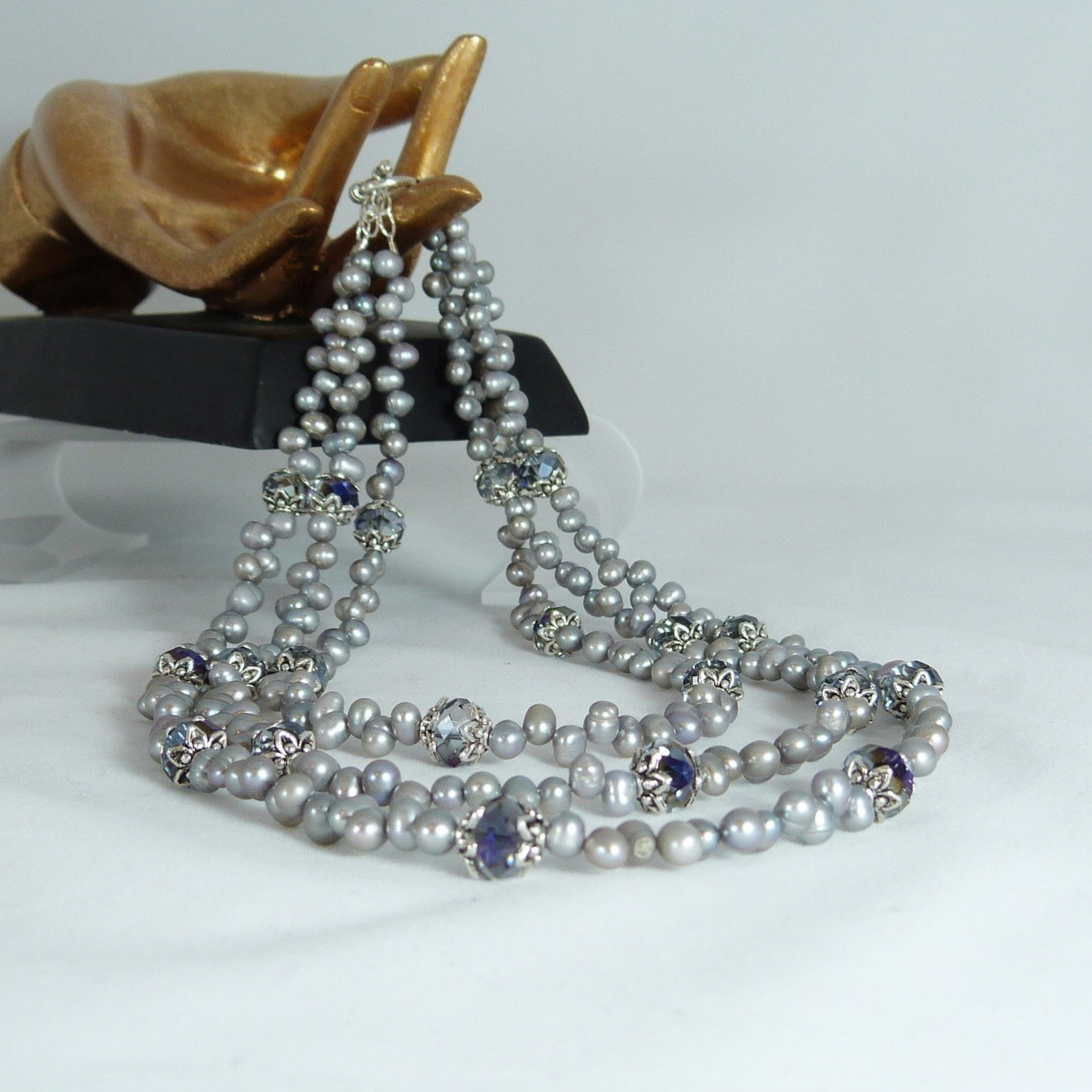 Silver Freshwater and Crystal Triple Necklace - Etsy