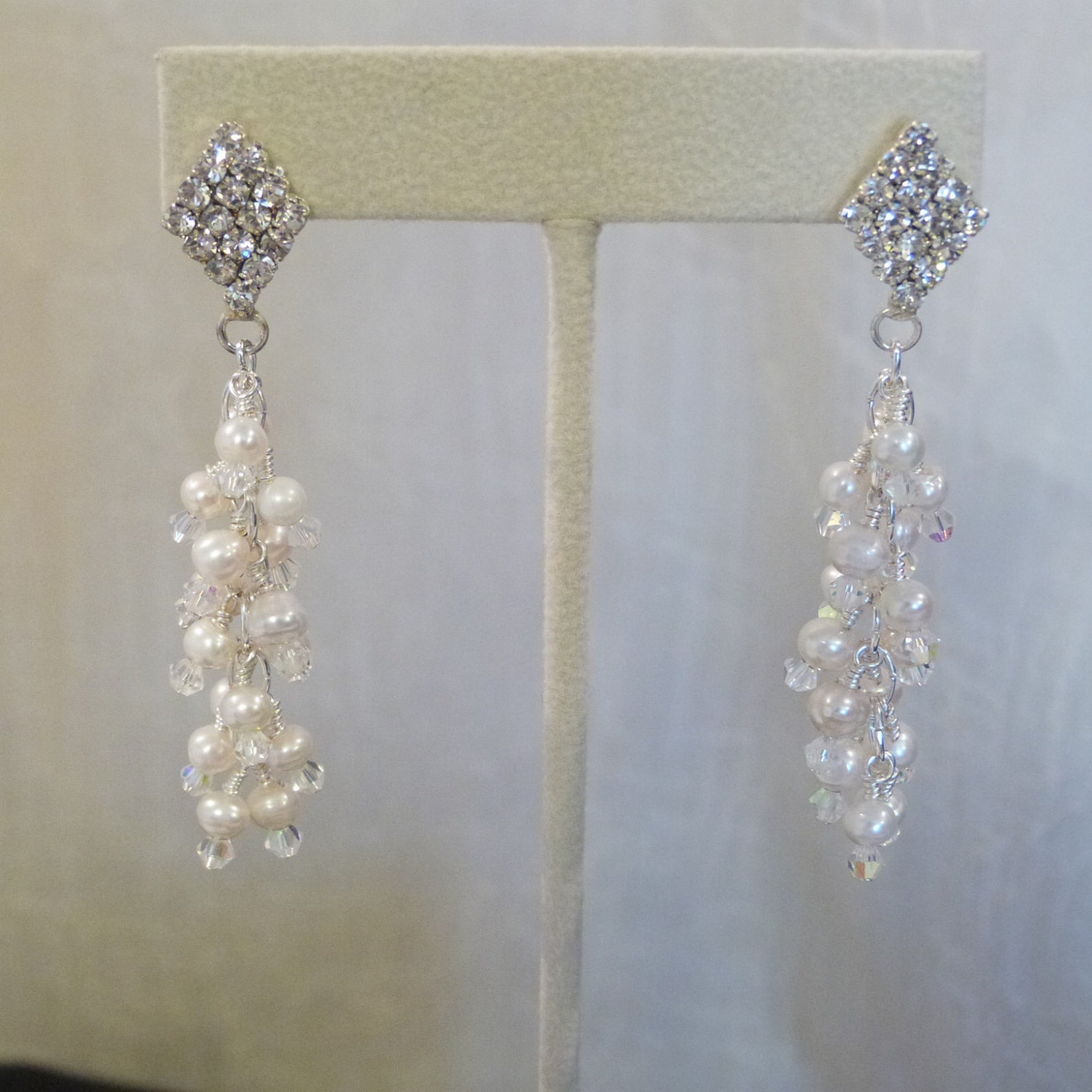 Diamond Shaped Rhinestone Post With Freshwater Pearl Cluster | Etsy