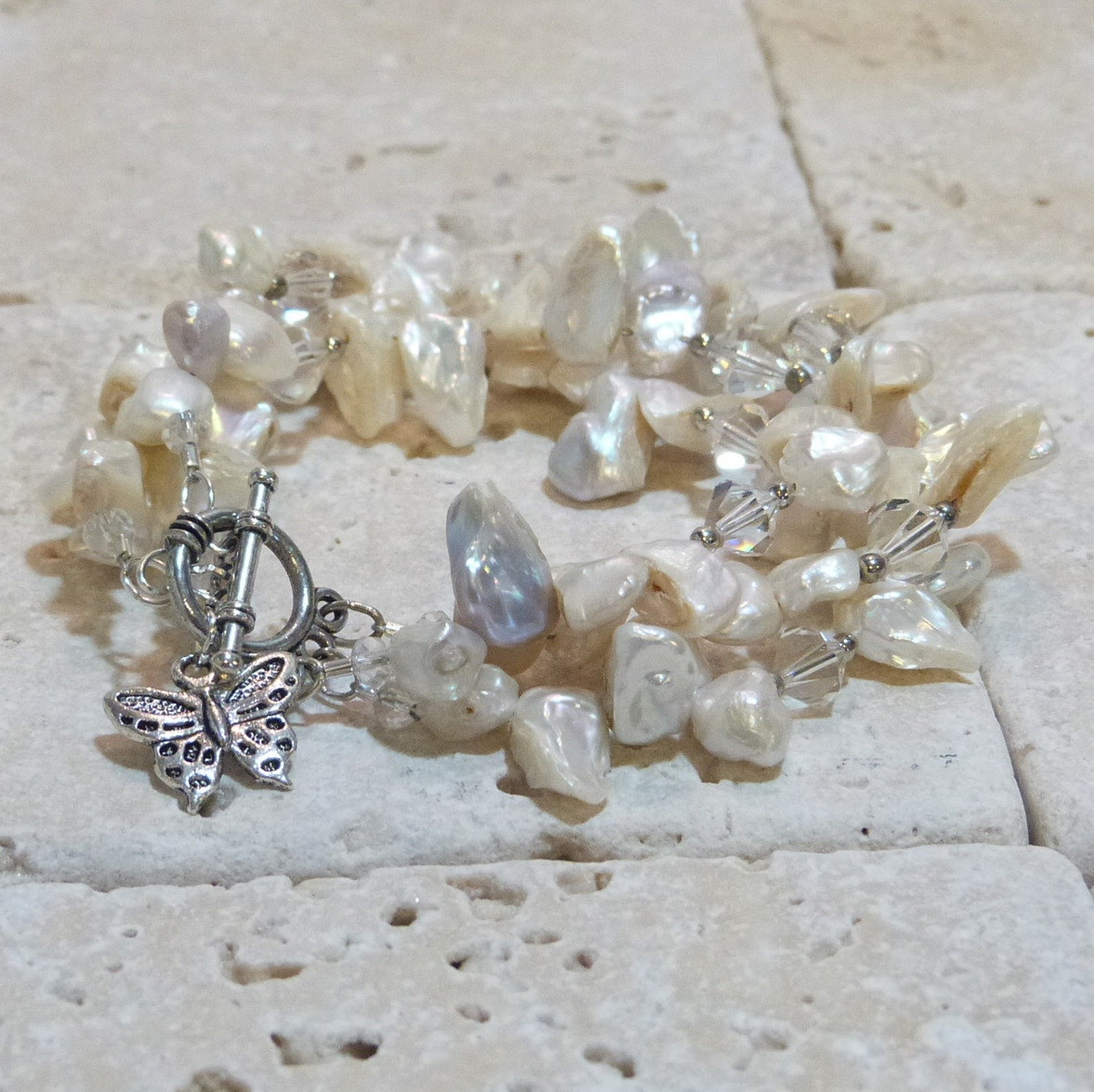 Keishe Natural Freshwater Pearl and Swarovski Crystal Triple - Etsy
