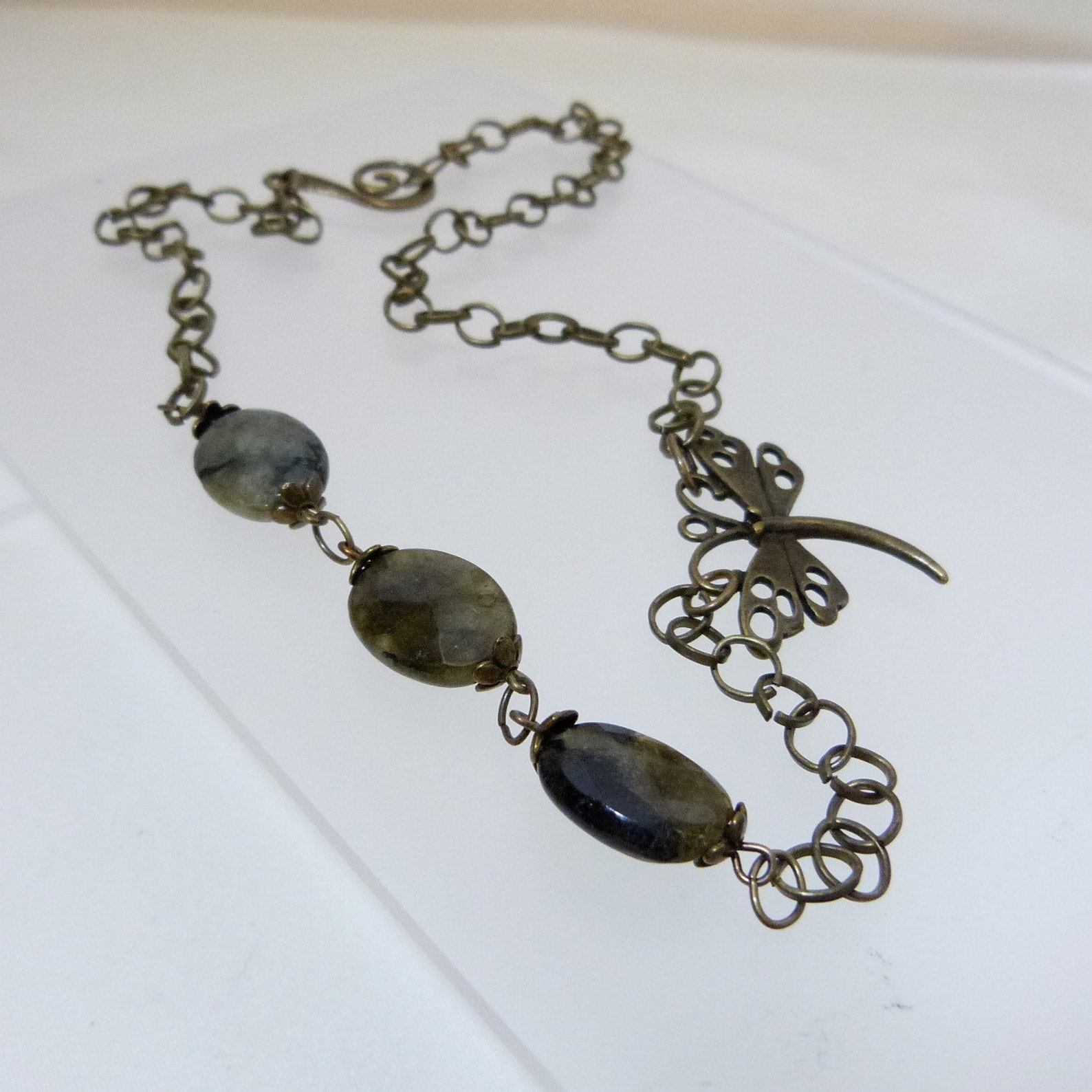 Faceted Labradorite and Bronze Dragonfly Chain Necklace - Etsy