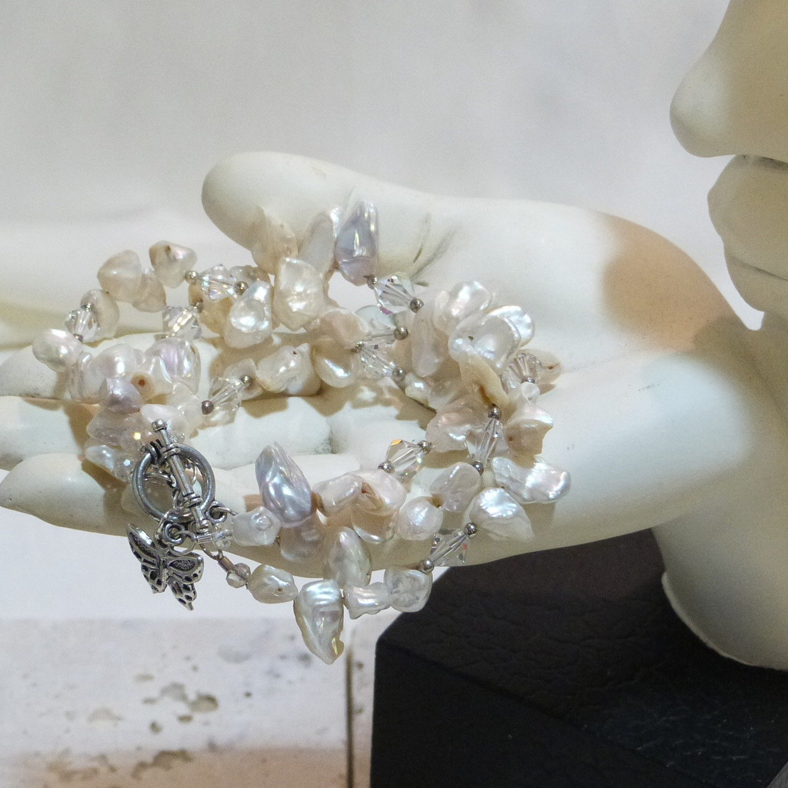 Keishe Natural Freshwater Pearl and Swarovski Crystal Triple - Etsy