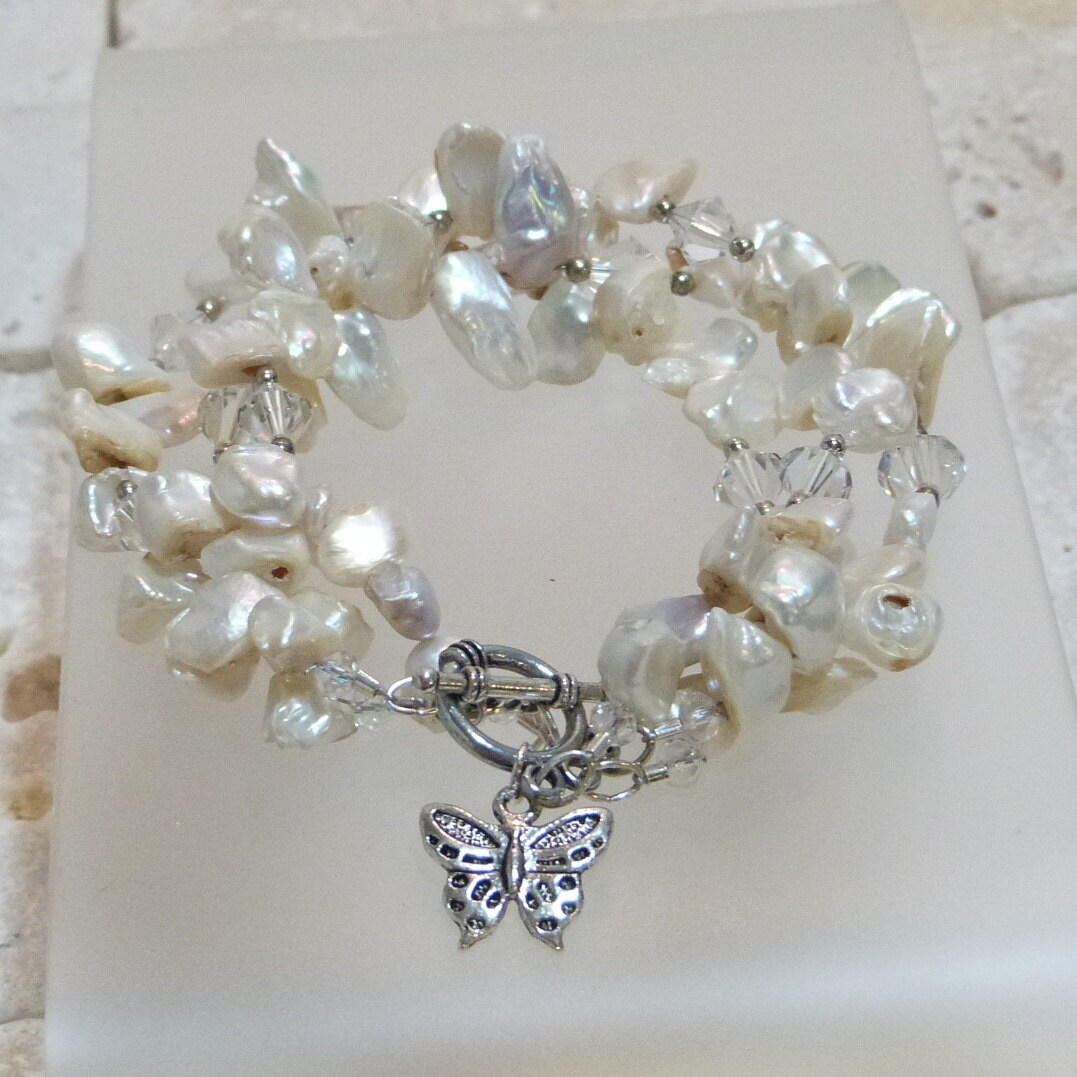 Keishe Natural Freshwater Pearl and Swarovski Crystal Triple - Etsy