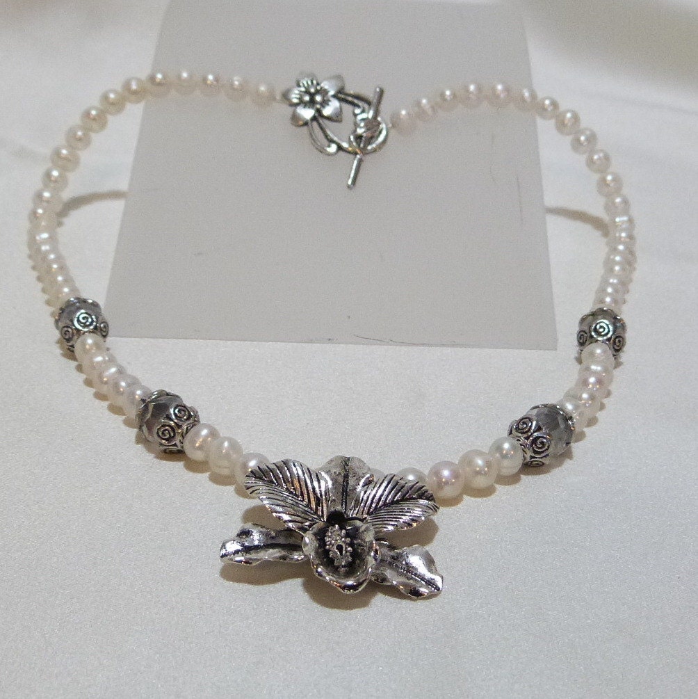 Silver Pewter Iris Pendant Freshwater Pearl and Crystal Necklace - Etsy