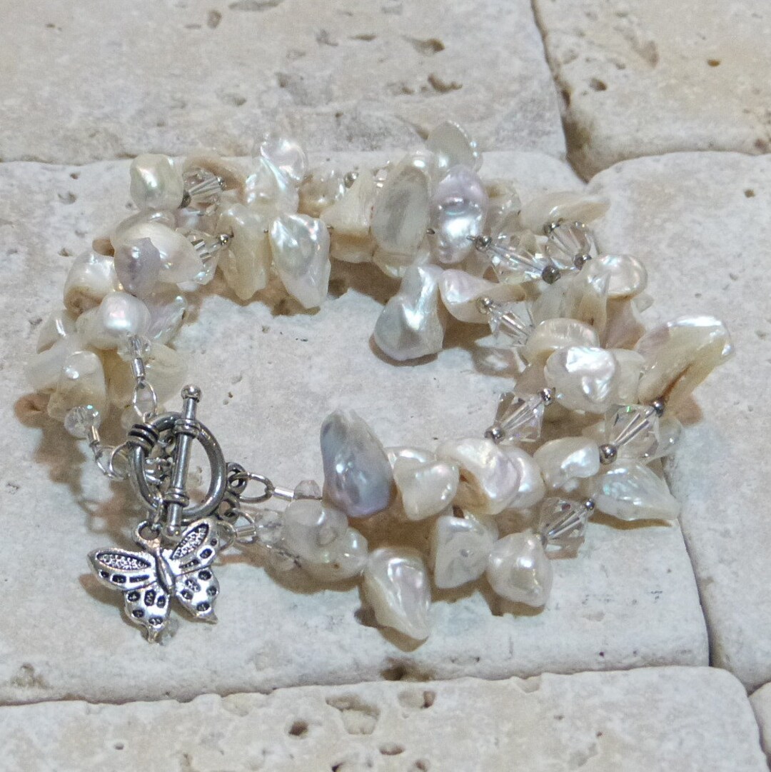 Keishe Natural Freshwater Pearl and Swarovski Crystal Triple Strand ...