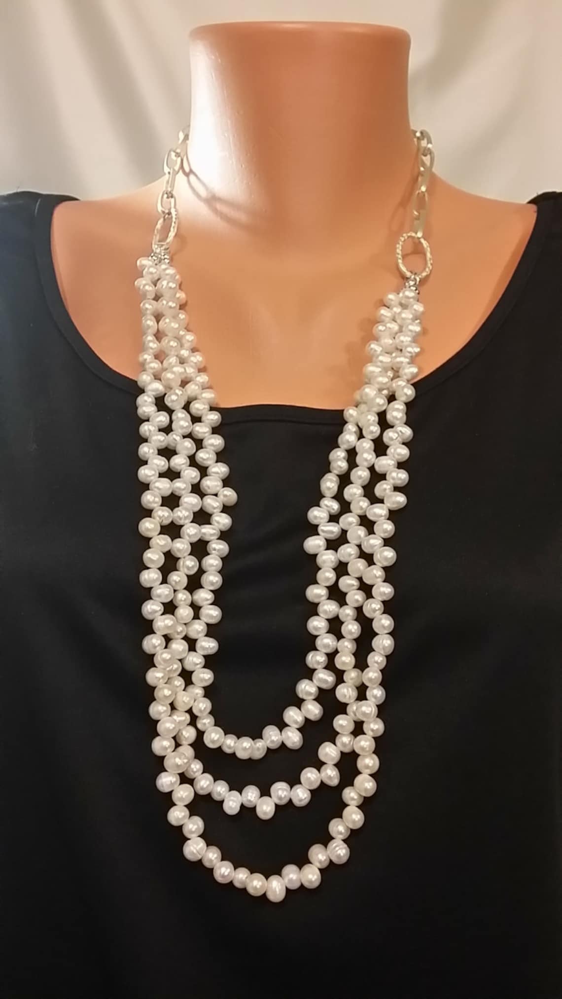 Natural Freshwater Dancing Pearls Long Triple Strand Necklace and ...